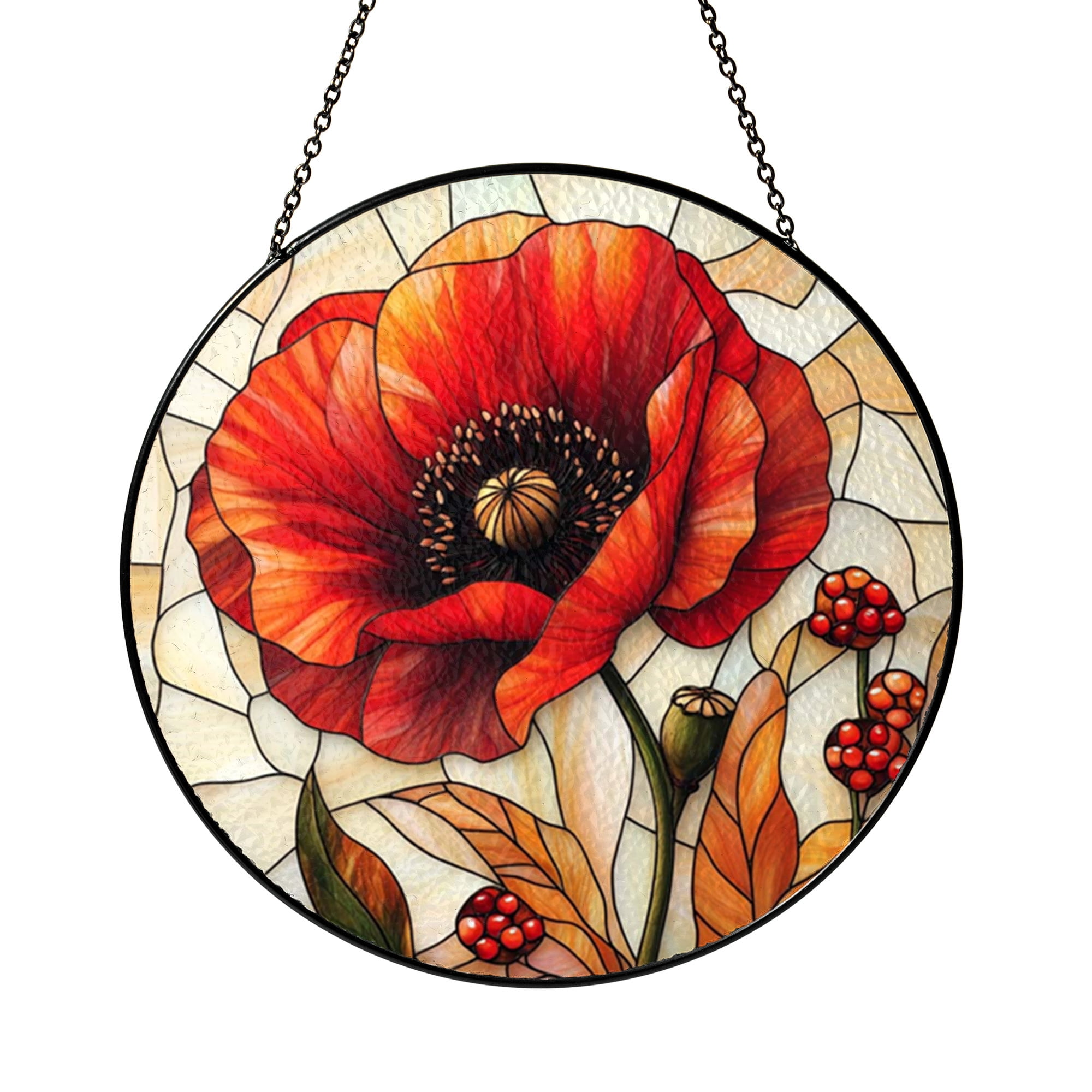 Red Floral Poppy Stained Glass Suncatcher, Round Window Hanging Art ...