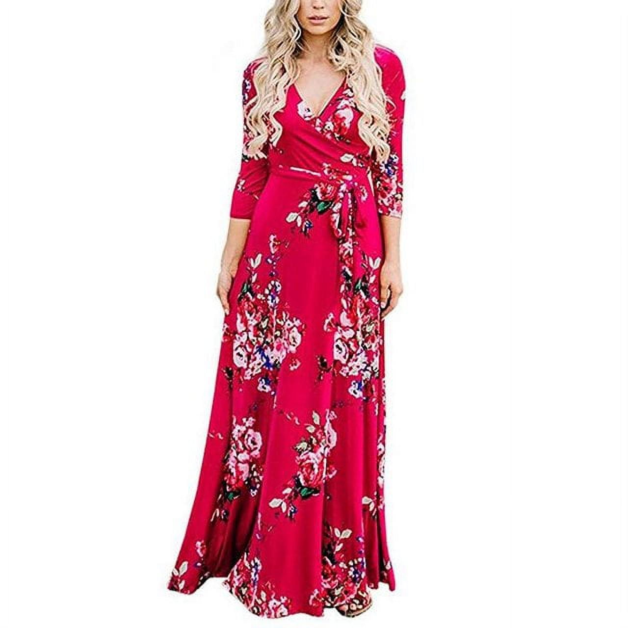 Red Floral Print Sashes Draped 3/4 Sleeve Deep V-neck Women's Wrap ...