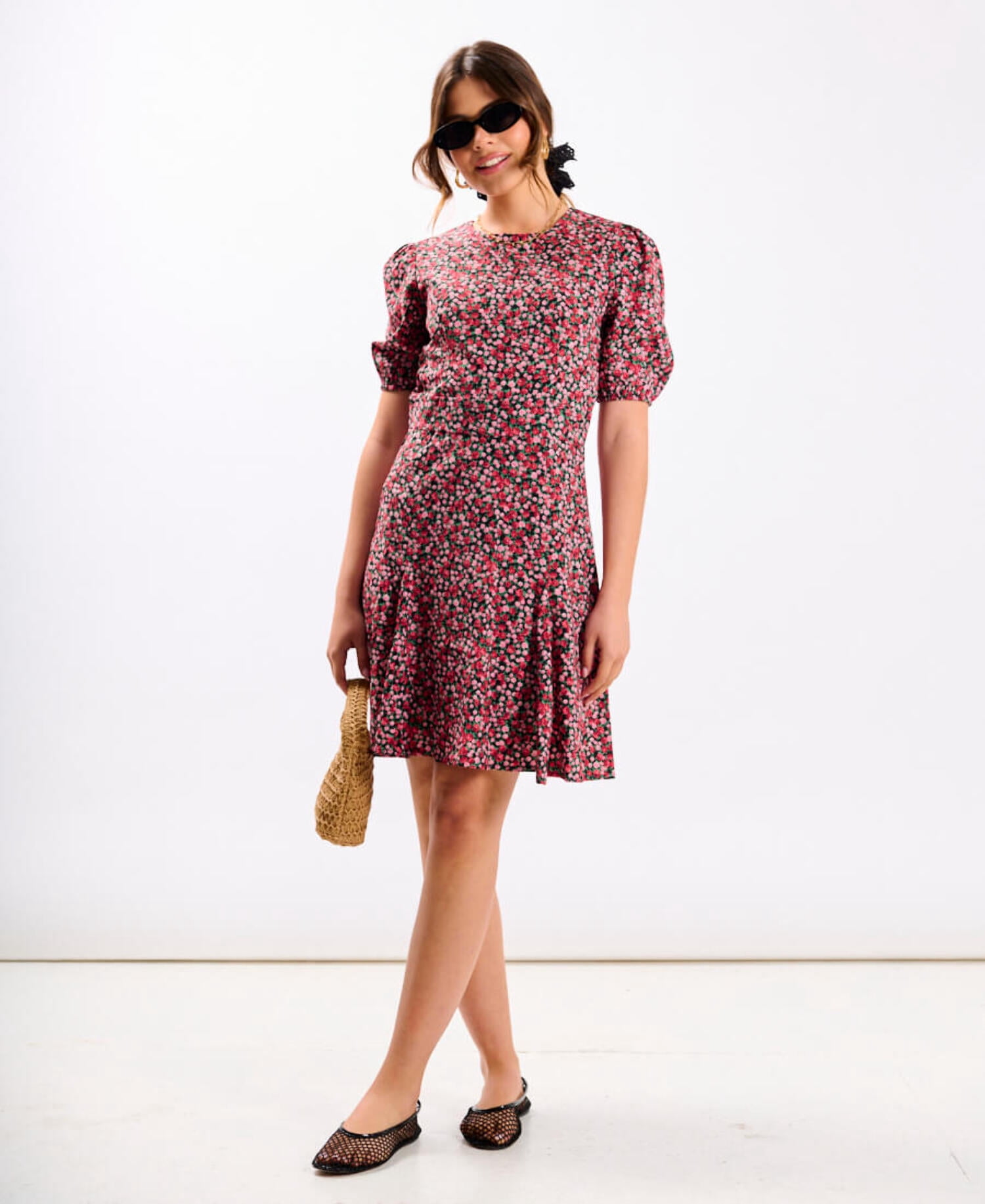 Red Floral Puff Sleeve Mini Dress - Walmart.com