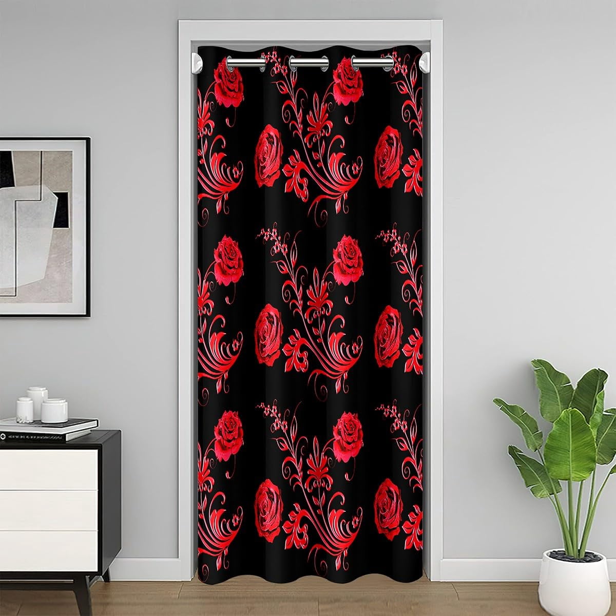 Red Floral Rose Door Curtains Polyester Privacy Closet Curtain ...