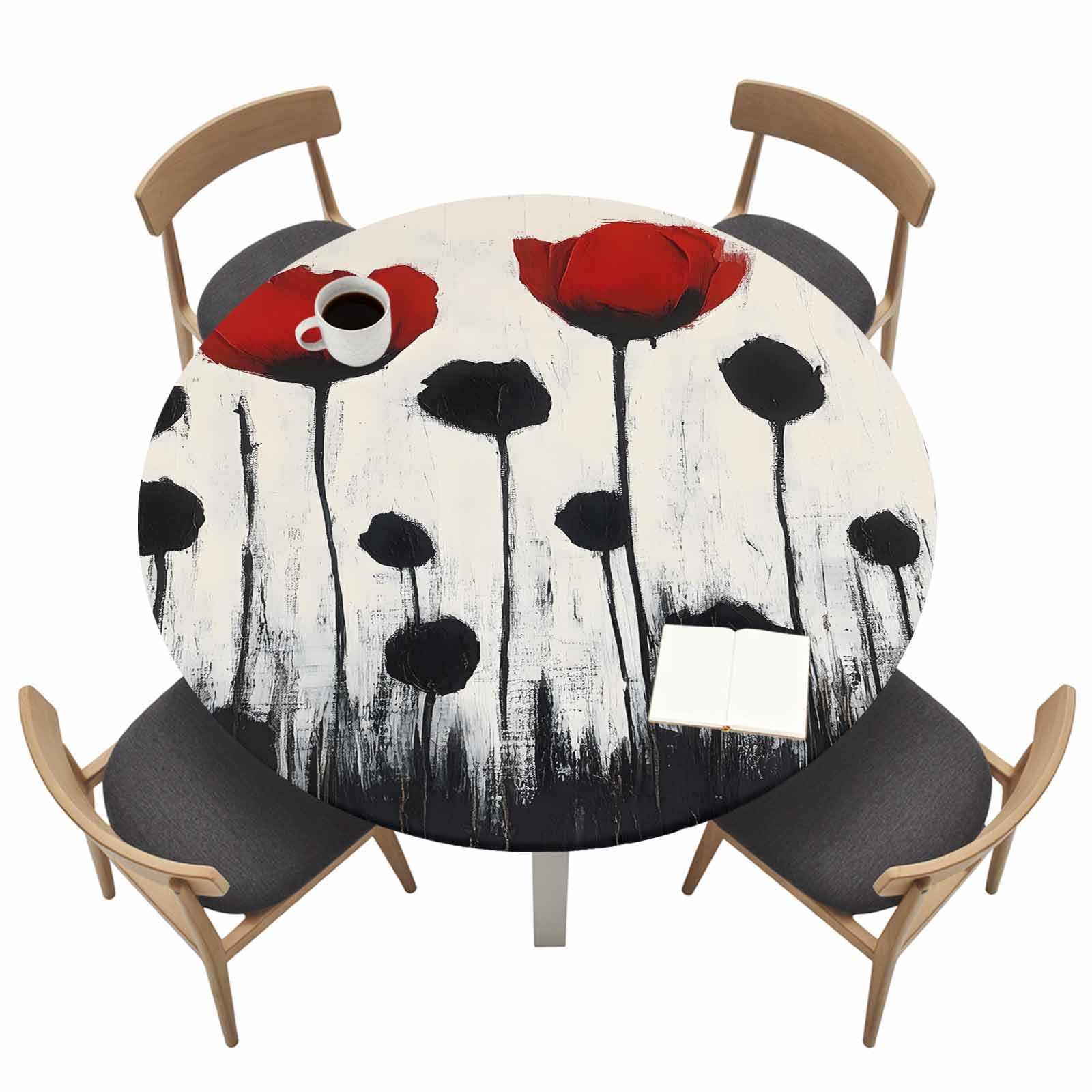 Red Floral Round Fitted Tablecloth with Elastic Edge Oil Painting Red ...