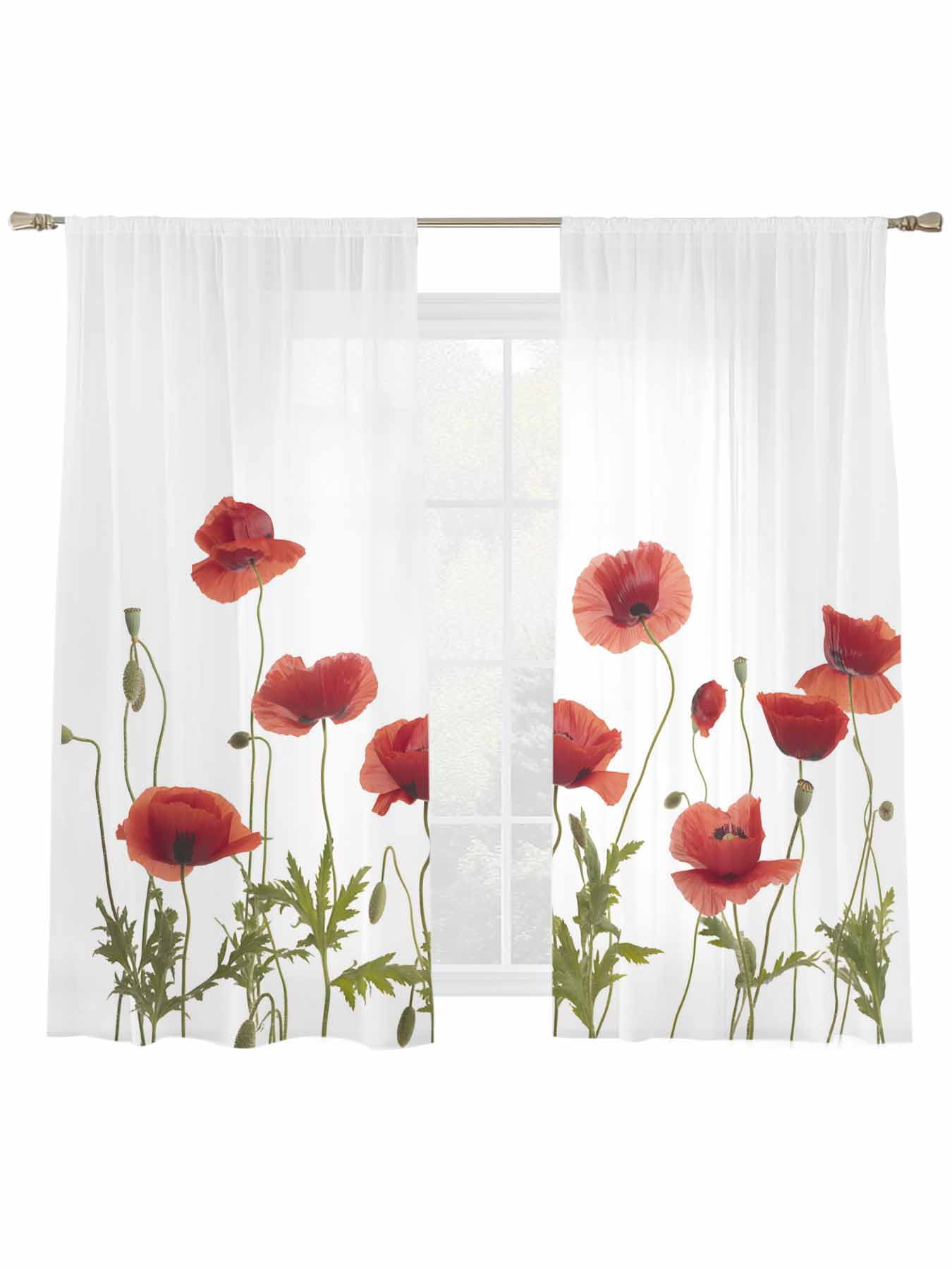 Red Floral Sheer Curtains 72 Inch Long 2 Panels, Pastoral Concubine ...