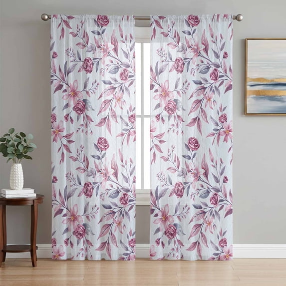 Red Floral Sheer Curtains 84 Inch Length 2 Panels Set, Country ...