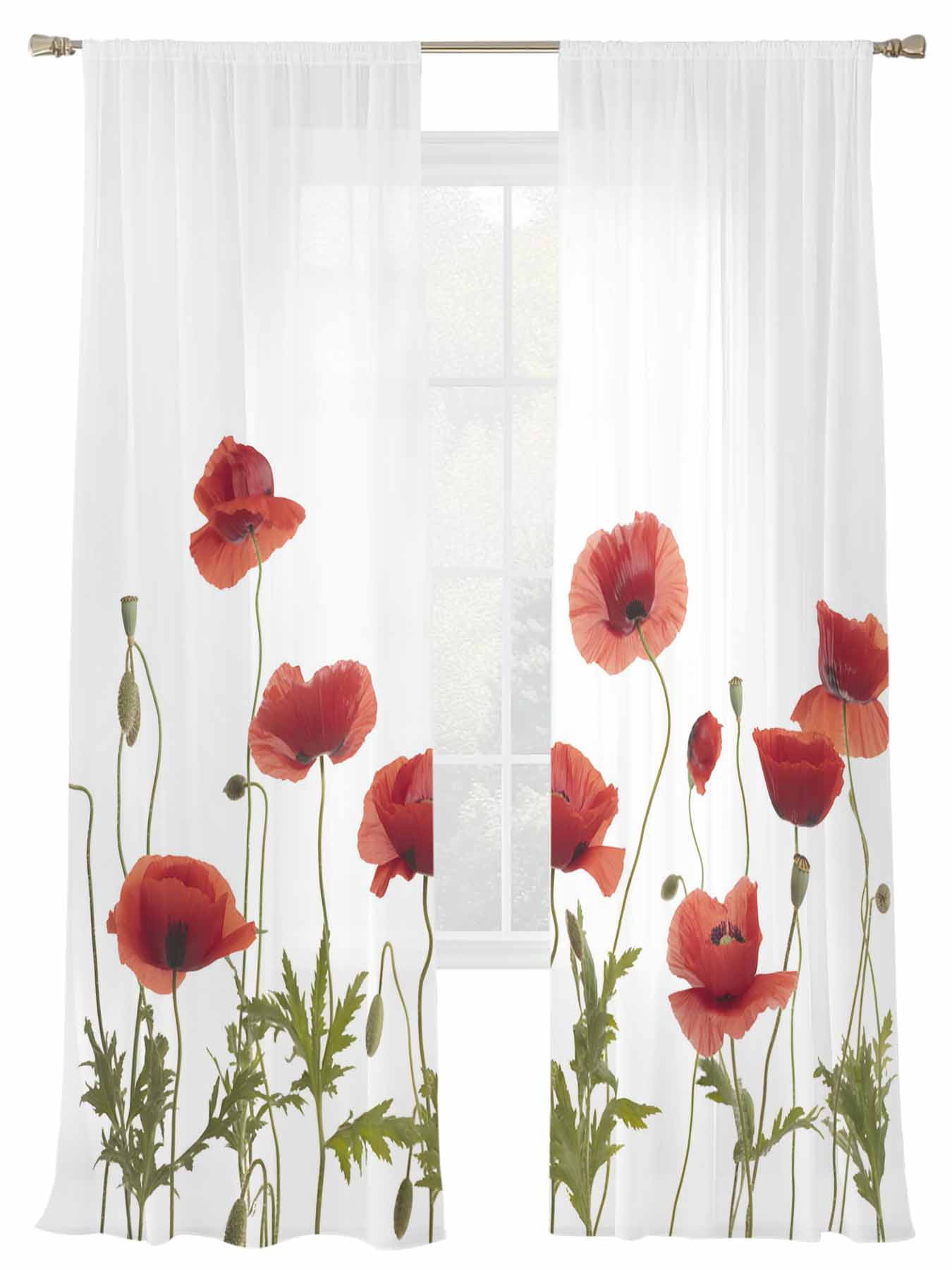 Red Floral Sheer Curtains 84 Inch Long 2 Panels, Pastoral Concubine ...