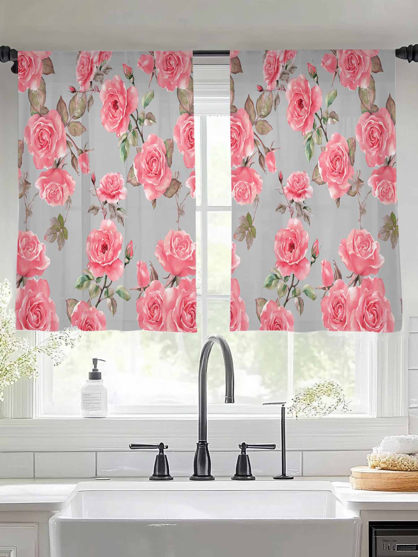 Red Floral Sheer Curtains for Living Room Bedroom Farmhouse Garden ...