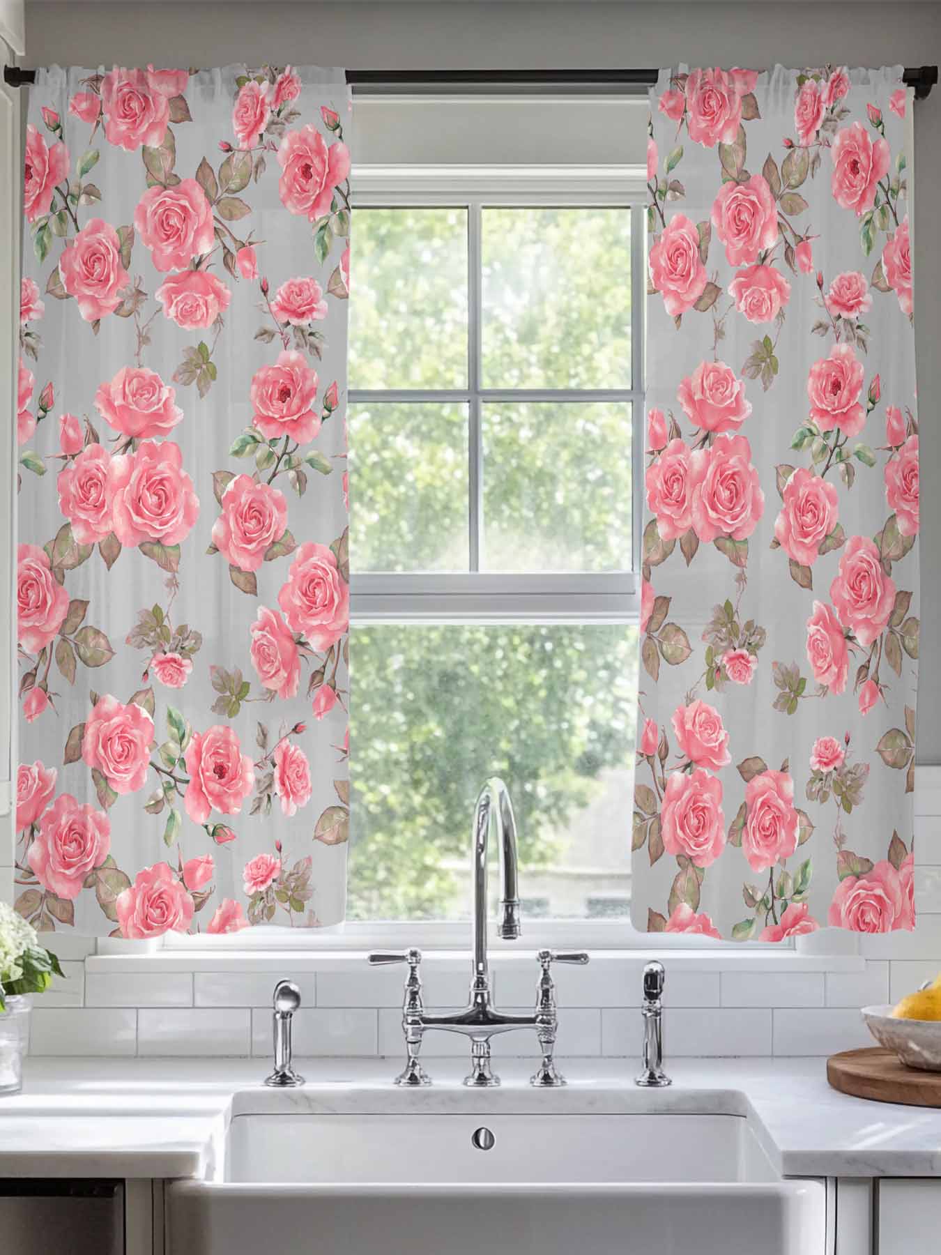 Red Floral Sheer Curtains for Living Room Bedroom Farmhouse Garden ...