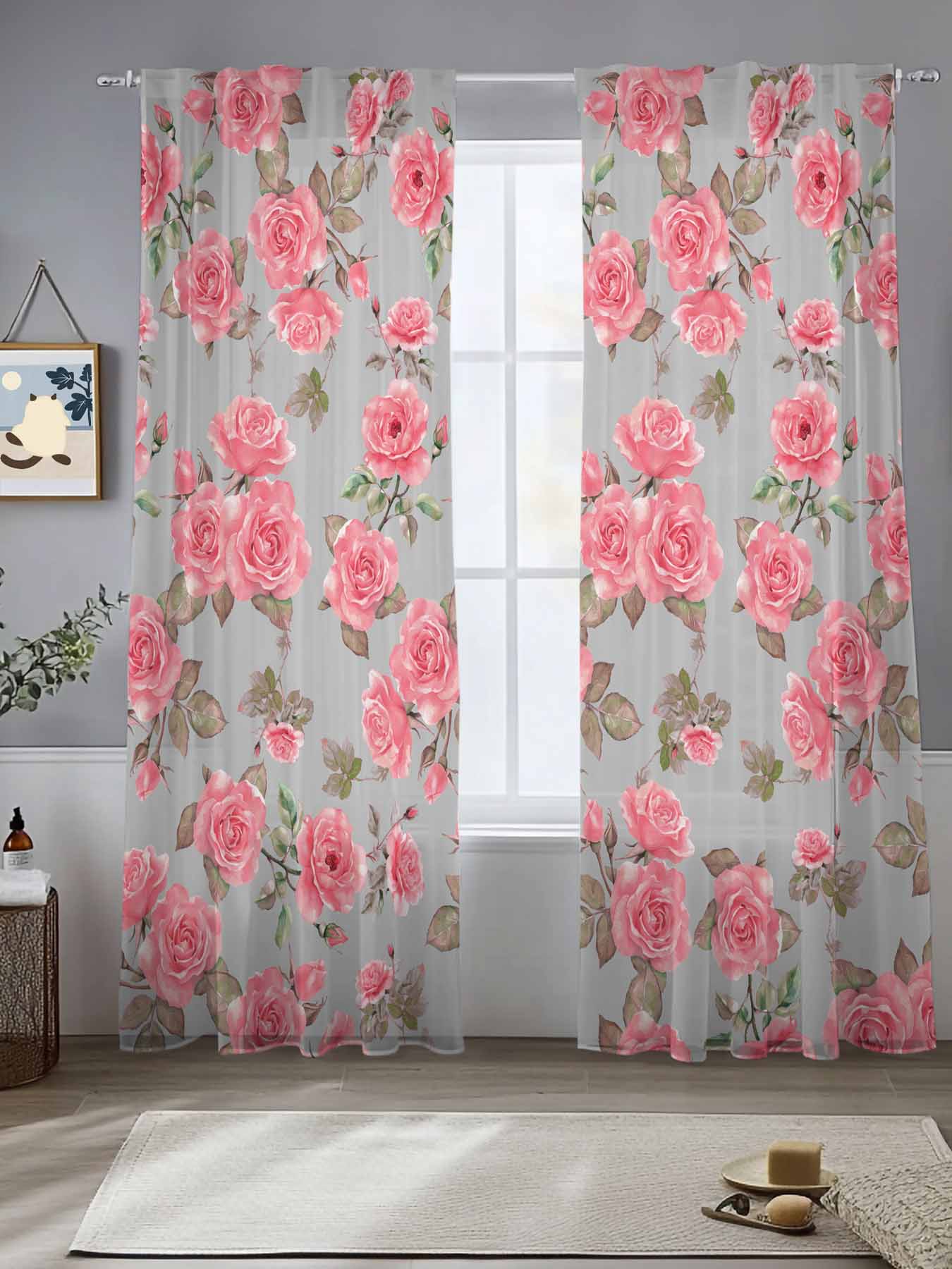 Red Floral Sheer Curtains for Living Room Bedroom Farmhouse Garden ...