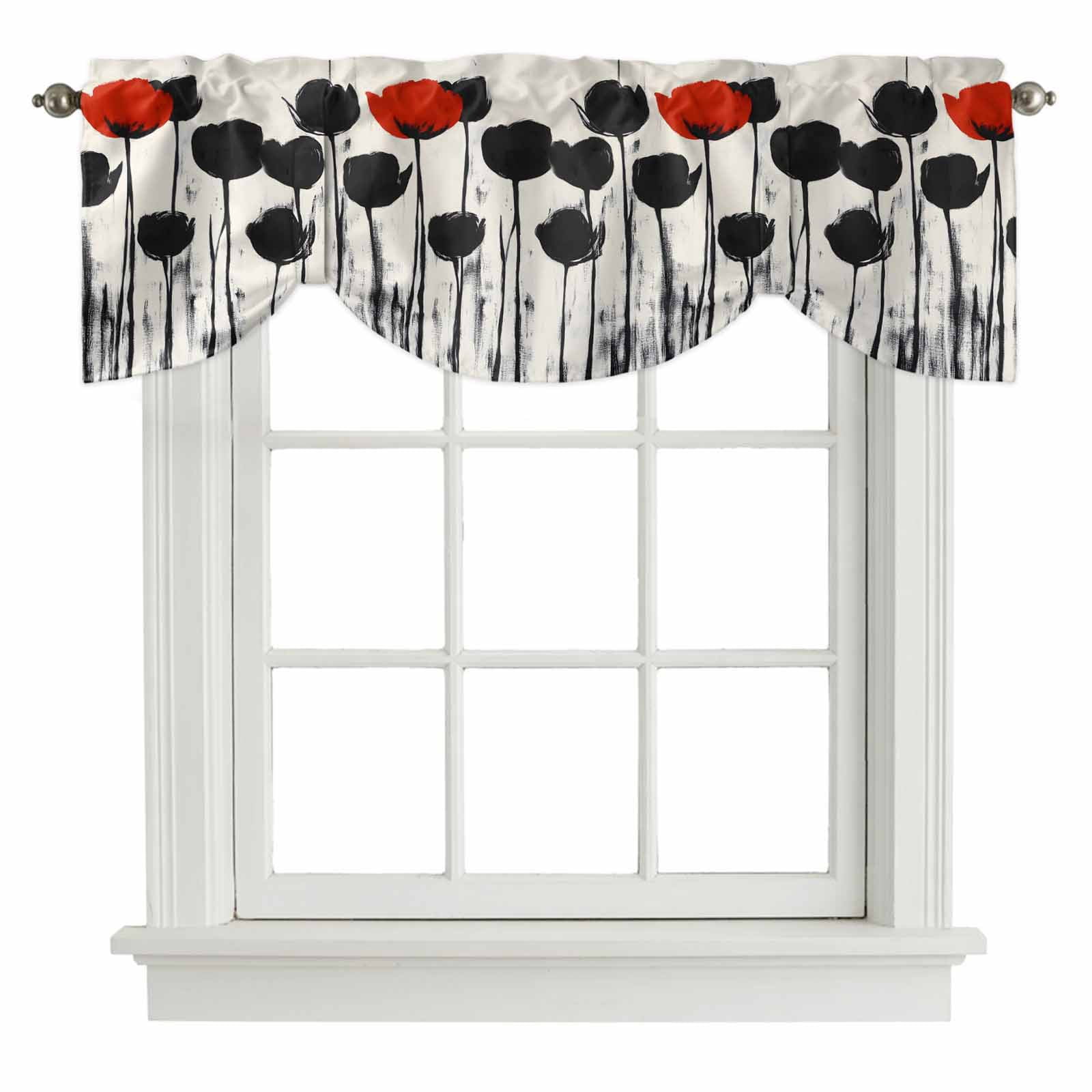 Red Floral Tie Up Valance for Windows, Oil Painting Red Black Flower ...