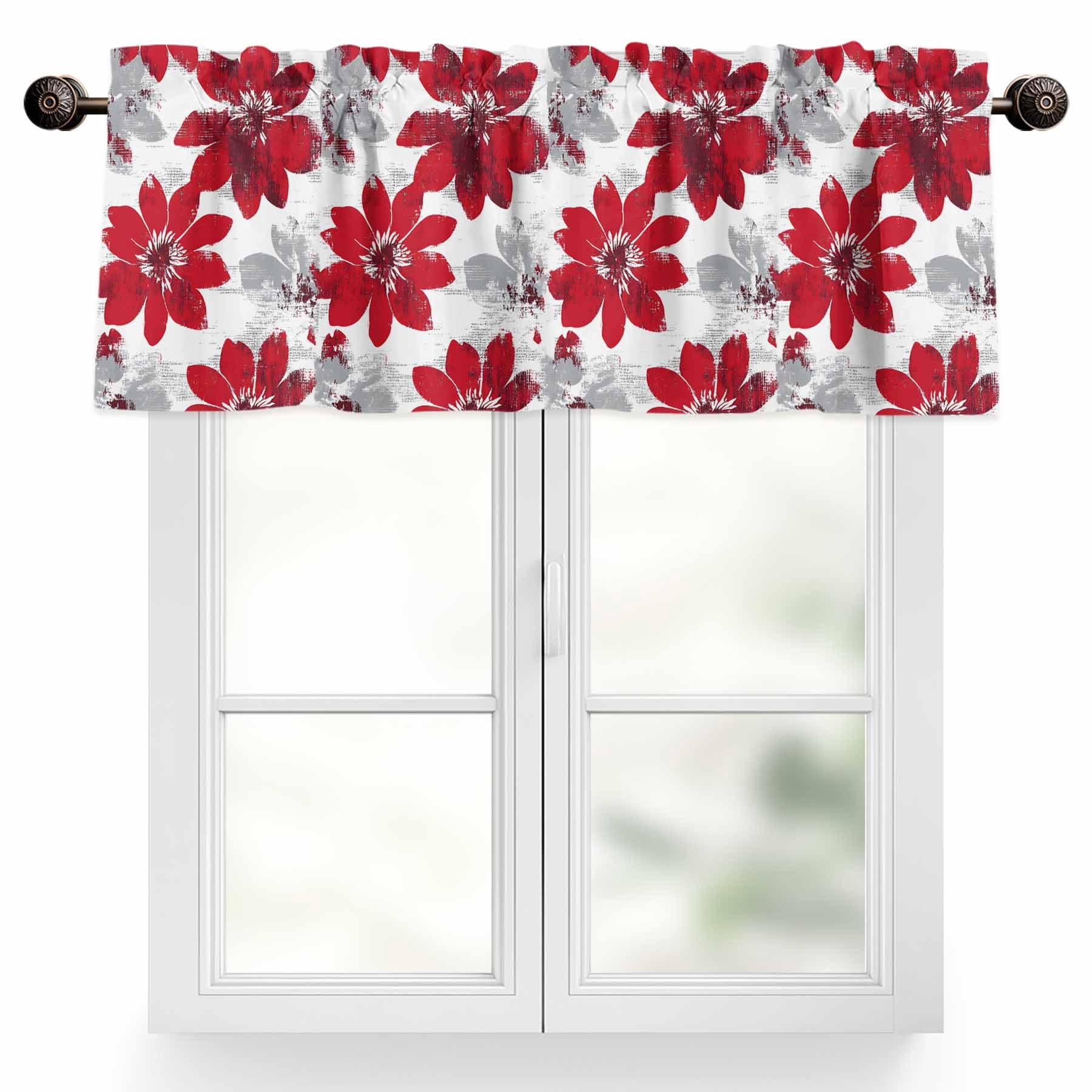 Red Floral Valances for Windows, 42 x 18in, Vintage Flowers Rod Pocket ...