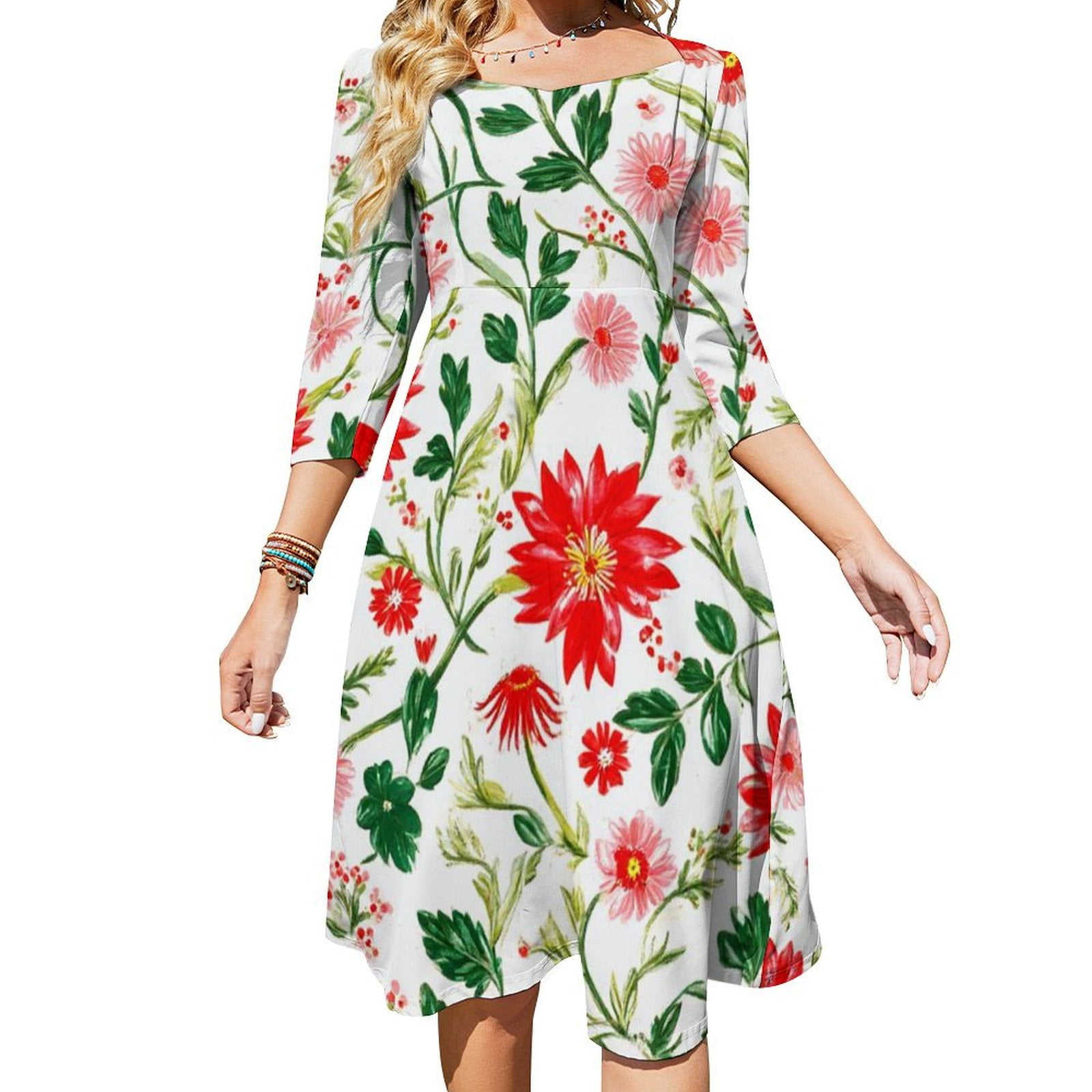 Red Floral White Background Pattern Design Dress Summer Dresses Woman ...