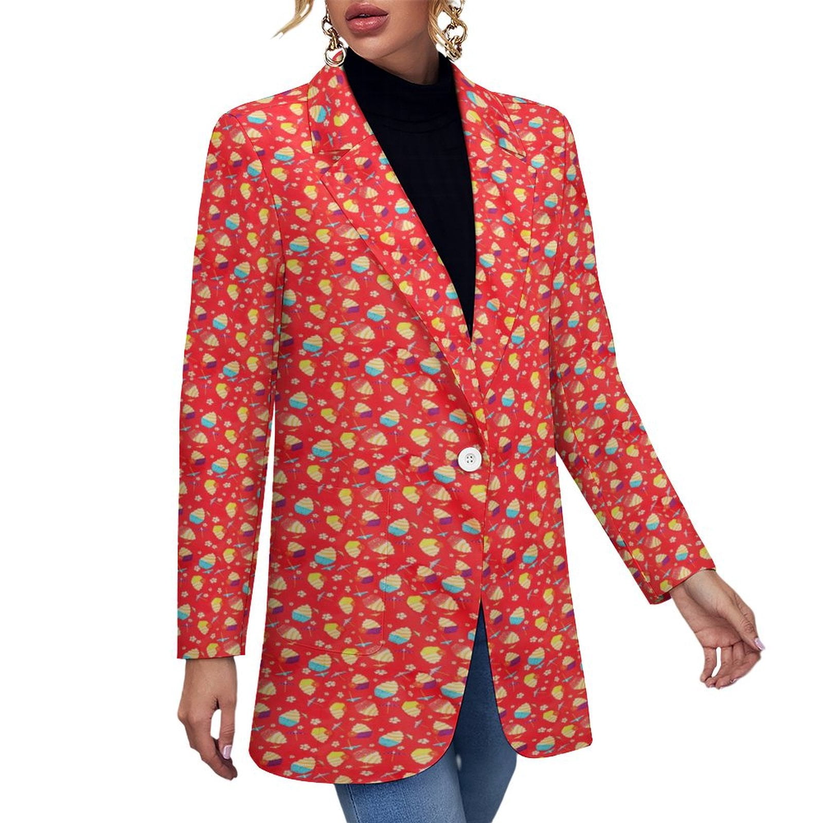 Red Floral Woman Casual Loose Suits Summer Jacket Woman Oversize Daily ...