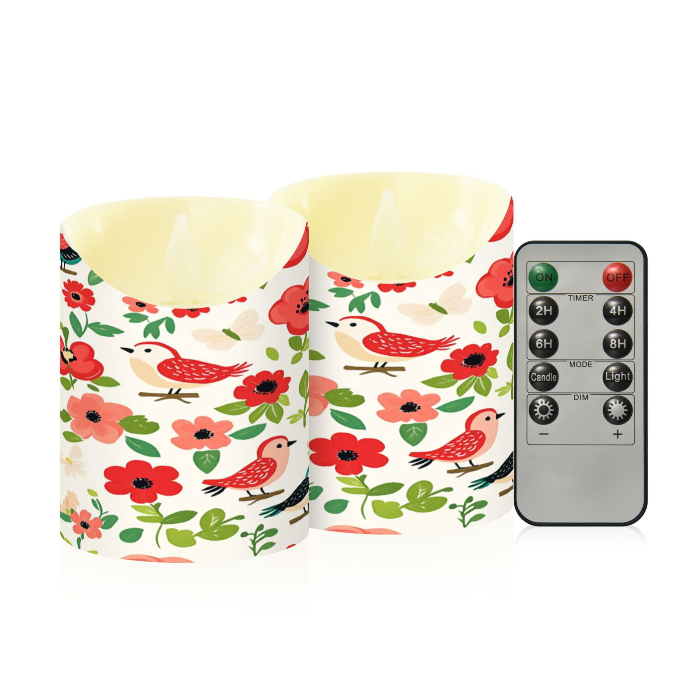 Red Floral with Birds Flameless Candles 2 PCS with Remote Realistic ...