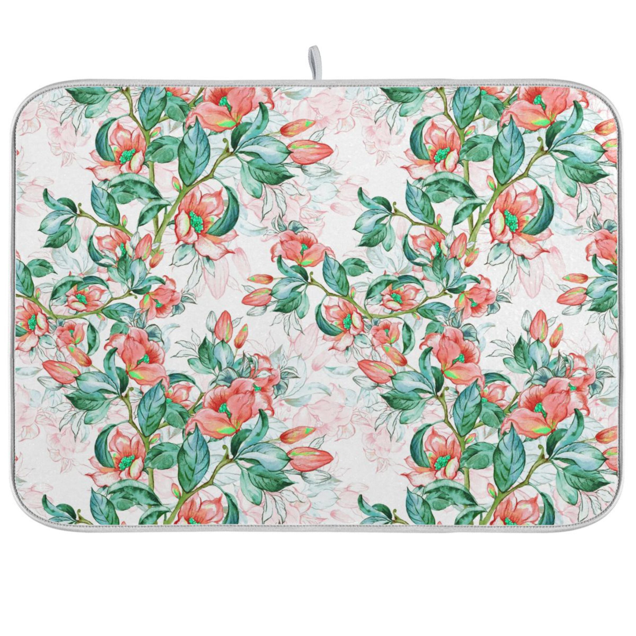 Red Floral with Green Leaves Dish Drying Mat Microfiber Kitchen Mats ...