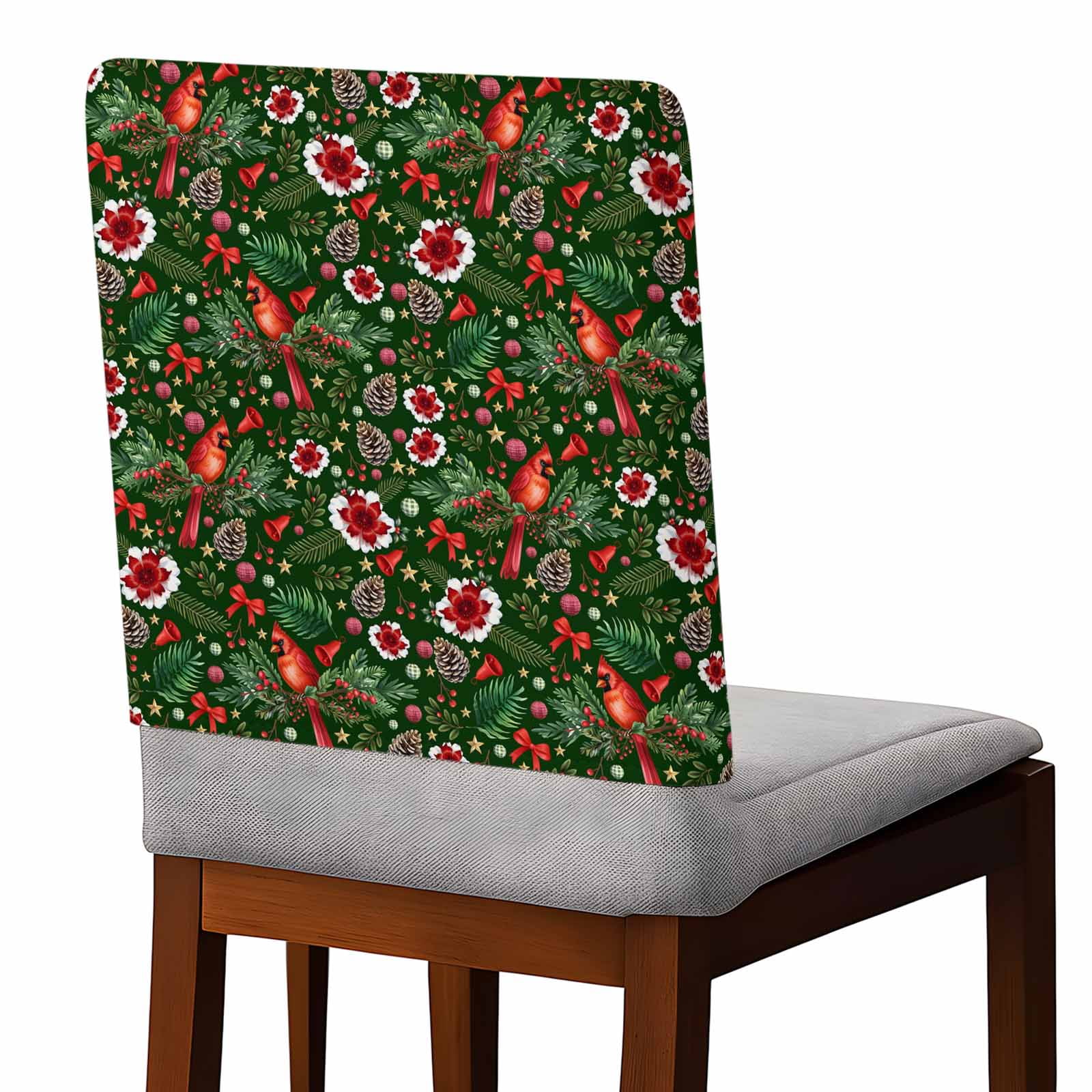 Red Flower Bird Chair Covers Set of 8 Green Leaf Pine Cone Christmas ...