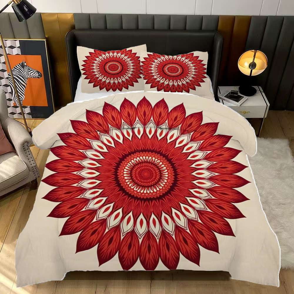 Red Flower Center Mandala Comforter Set Queen Size Bedding Set For ...