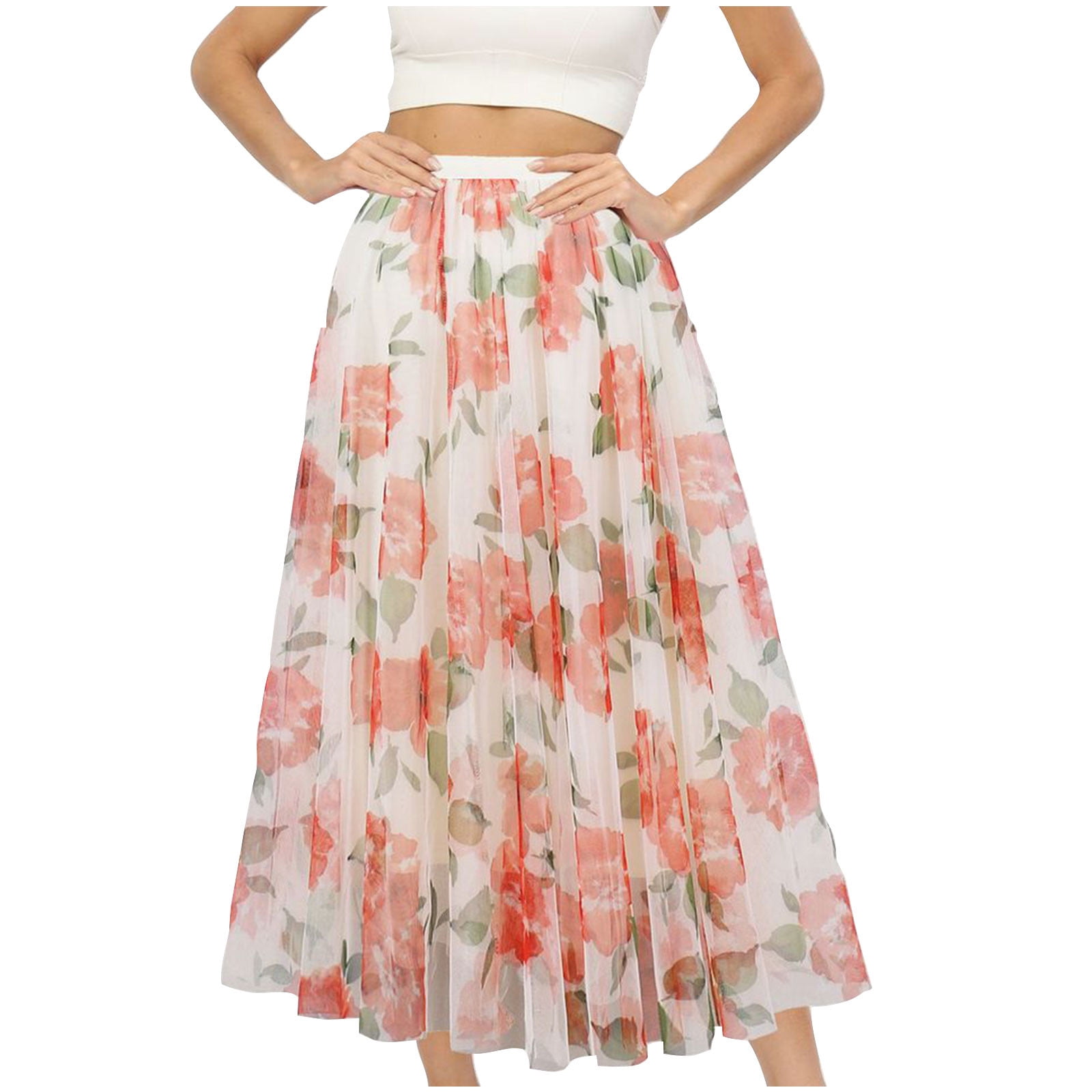 Red Flower Graphic Loose Fit Skirt for Women Maxi Long Midi Knee Length ...