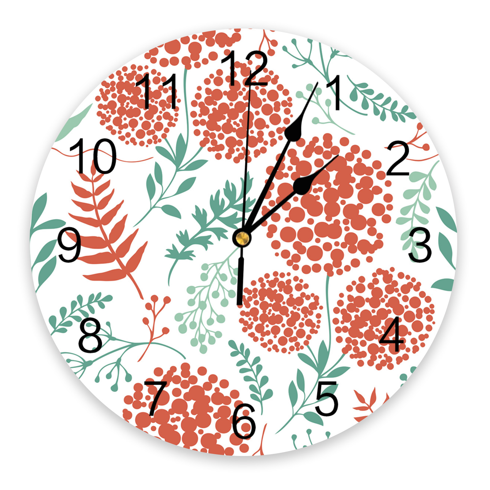 Red Flower Green Leaves Plant Round Wall Clock Creative Home Decor ...