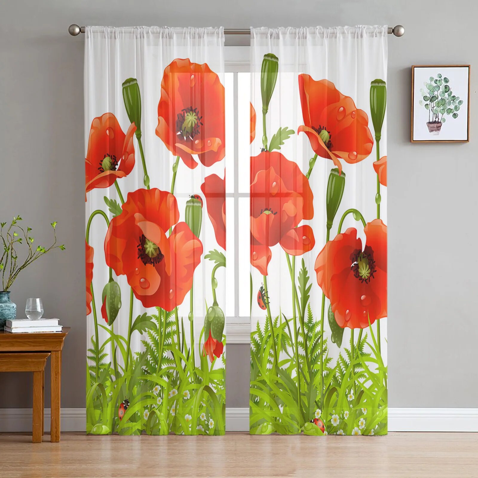 Red Flower Green Leaves Plant White Window Tulle Curtains for Living ...
