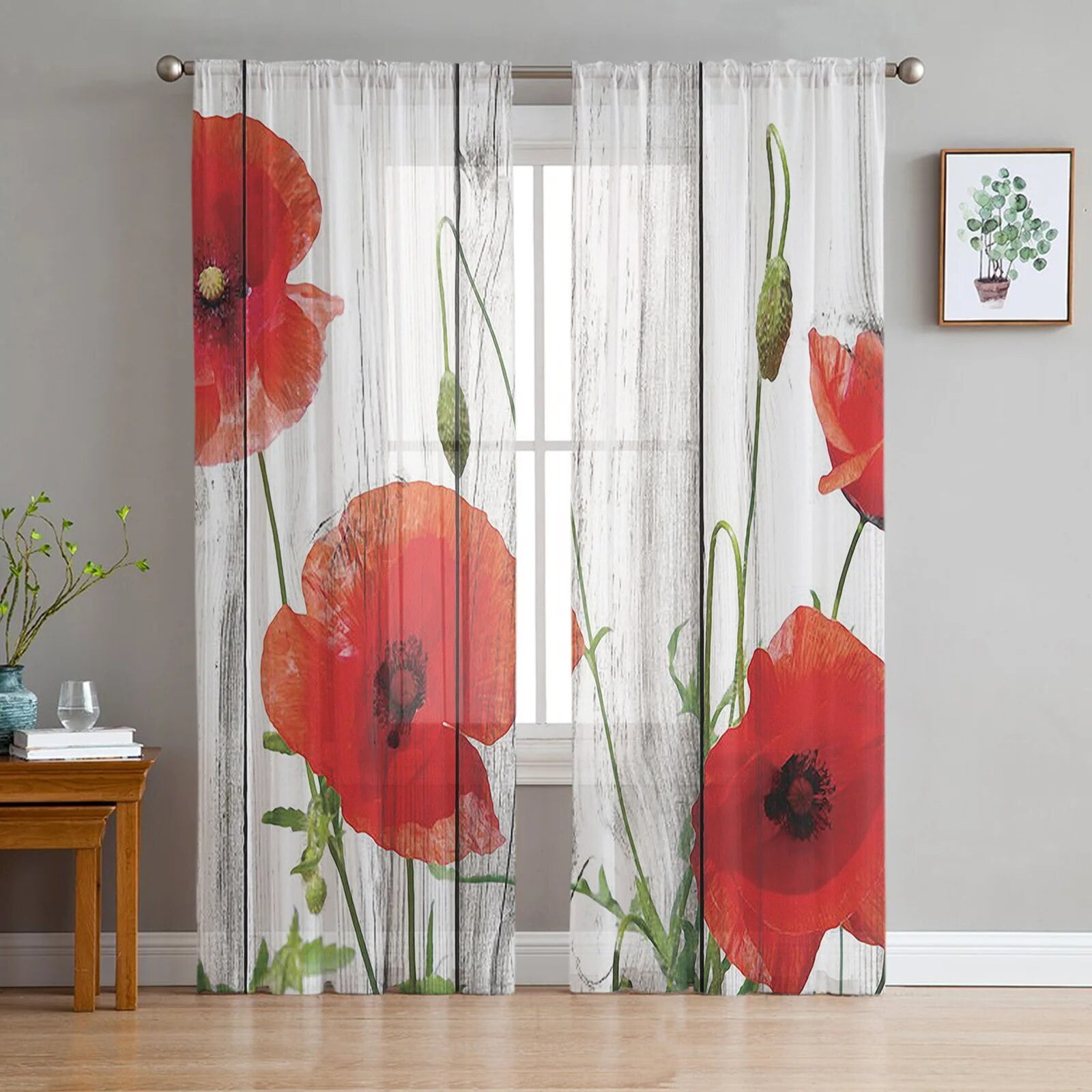 Red Flower Green Leaves Plant White Window Tulle Curtains for Living ...