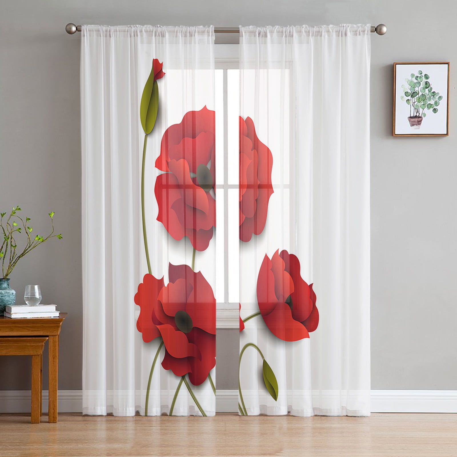 Red Flower Green Leaves Plant White Window Tulle Curtains for Living Room Bedroom Hotel Luxury ...