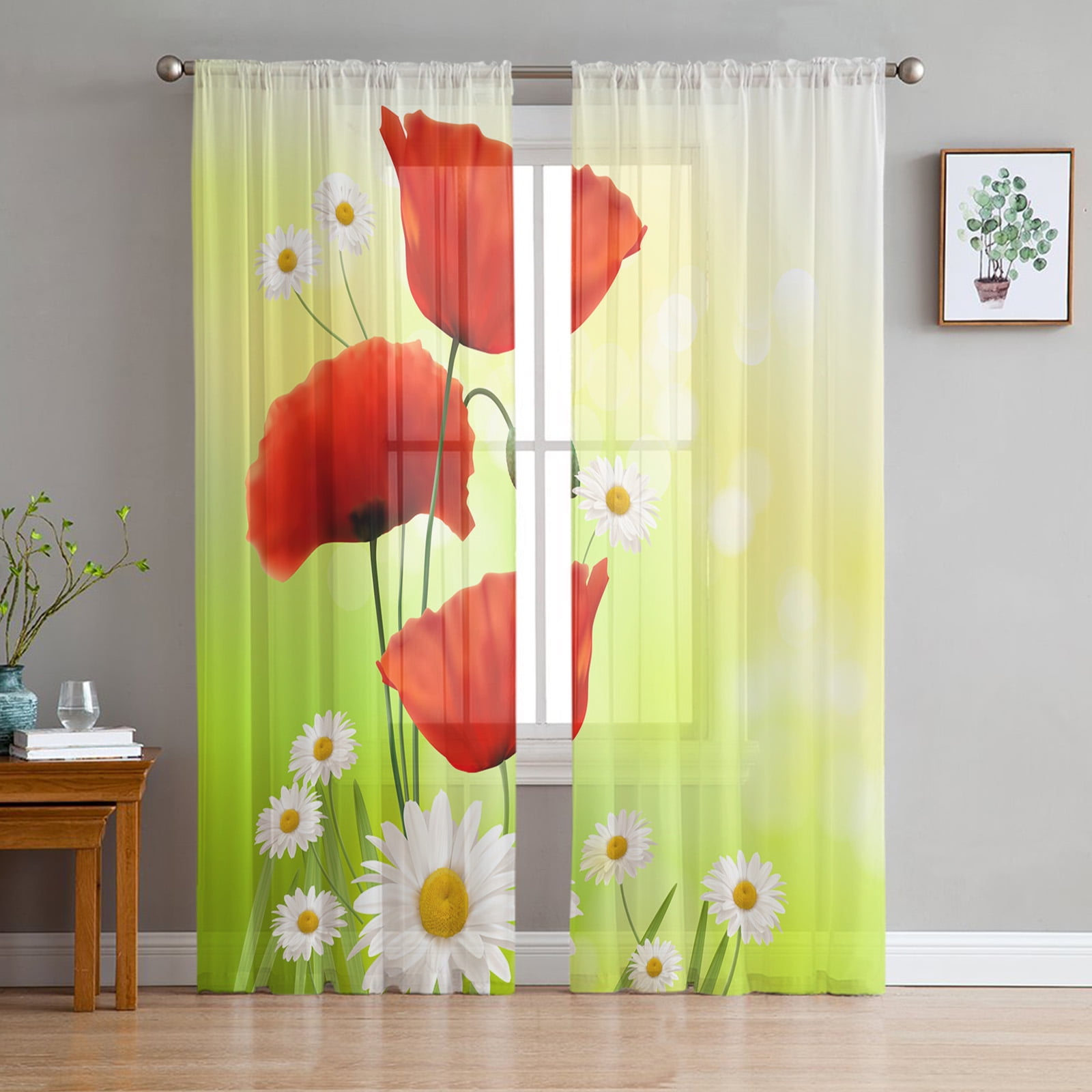 Red Flower Green Leaves Plant White Window Tulle Curtains for Living Room Bedroom Hotel Luxury ...
