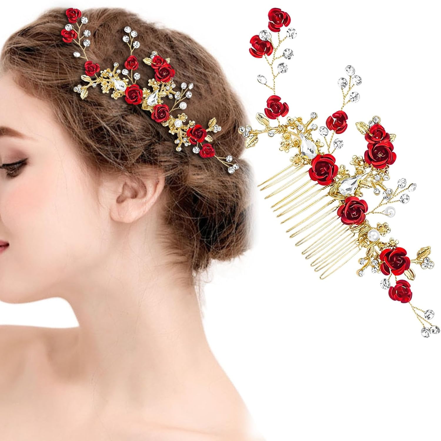 Red Flower Hair Comb Gold Rose Crystal Bridal Side Combs Floral ...