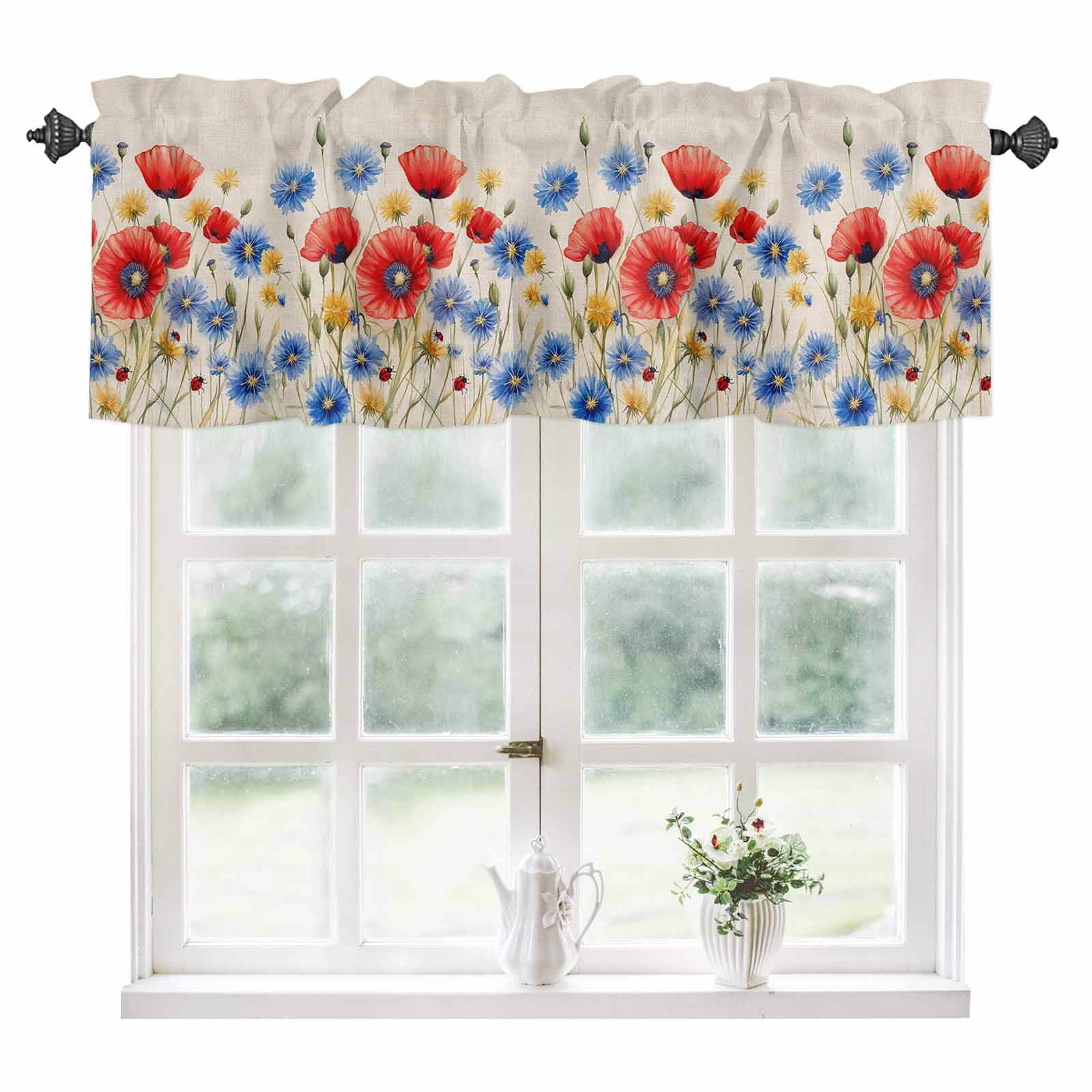 Red Flower Kitchen Valances for Windows 60x18 Inch Kitchen Curtains ...