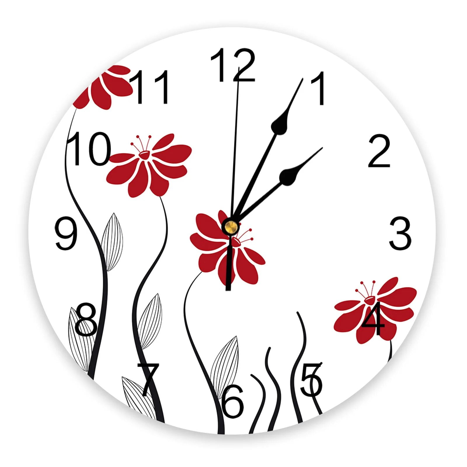 Red Flower Lines Plant Design Wall Clocks Silent Home Cafe Office Wall ...