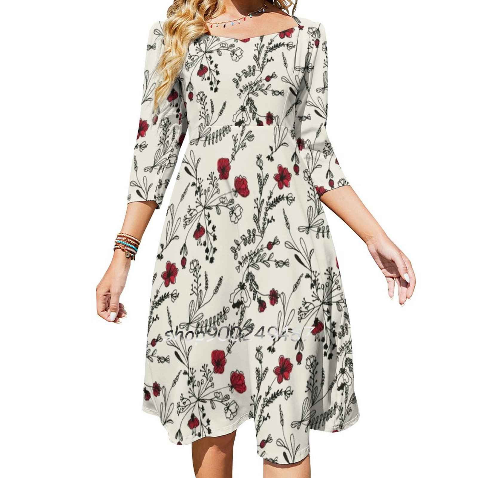 Red Flower Pattern Evening Party Dresses Midi Sexy Dress Female Sweet ...