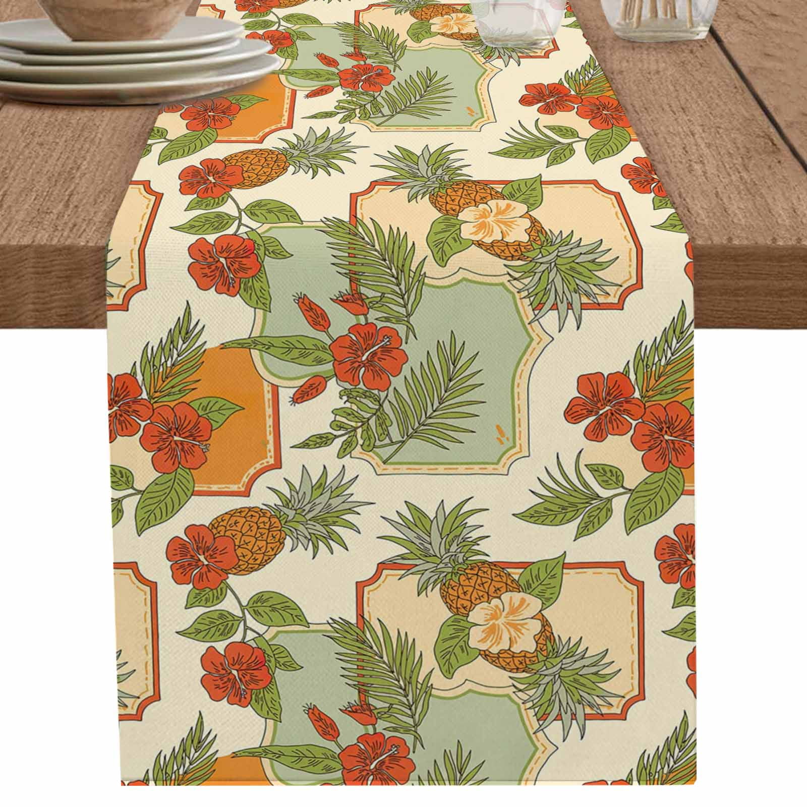 Red Flower Pineapple Green Leaves Table Runner-70 Inch Long Vintage ...