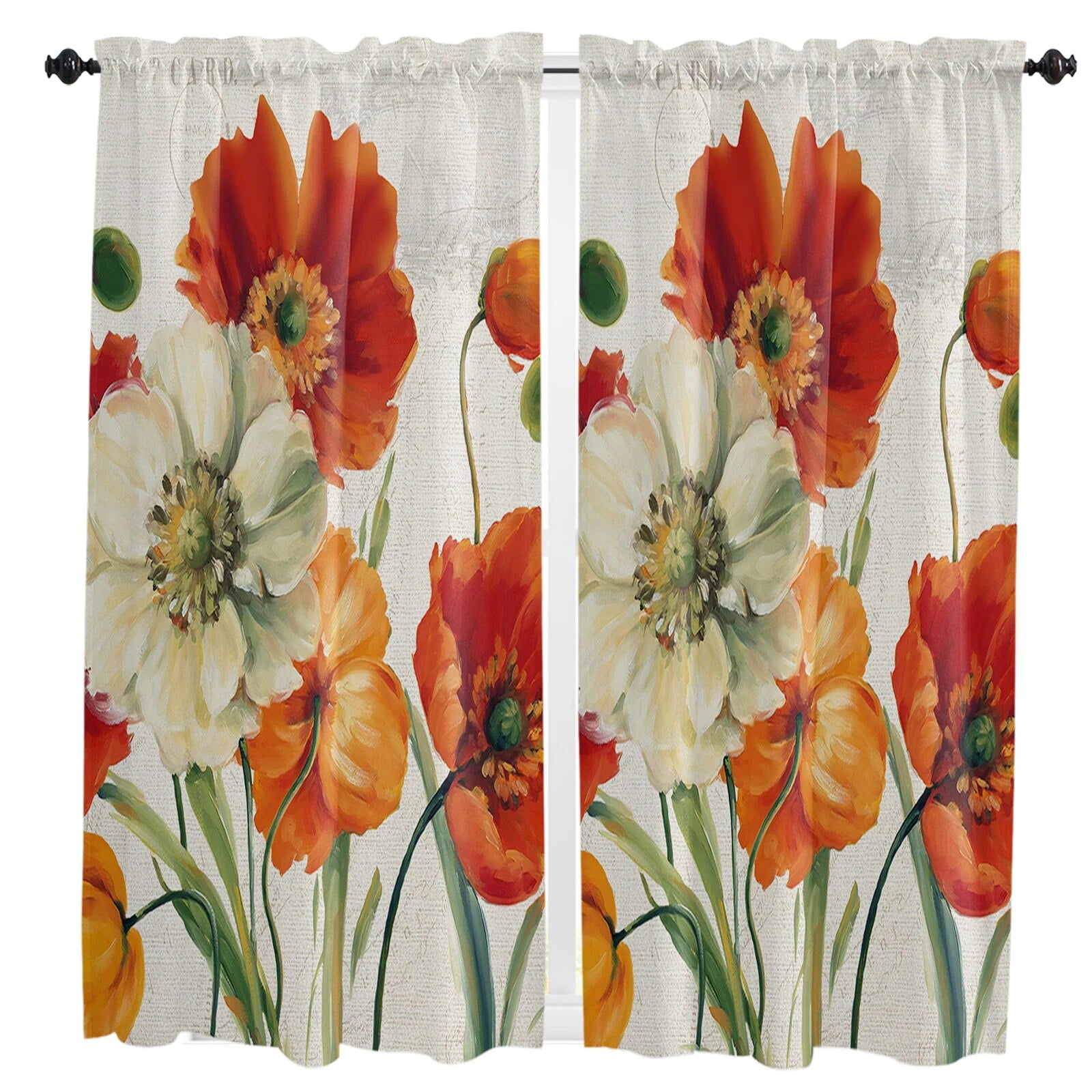 Red Flower Poppy Wooden Texture Curtain For Living Room Kids Bedroom ...