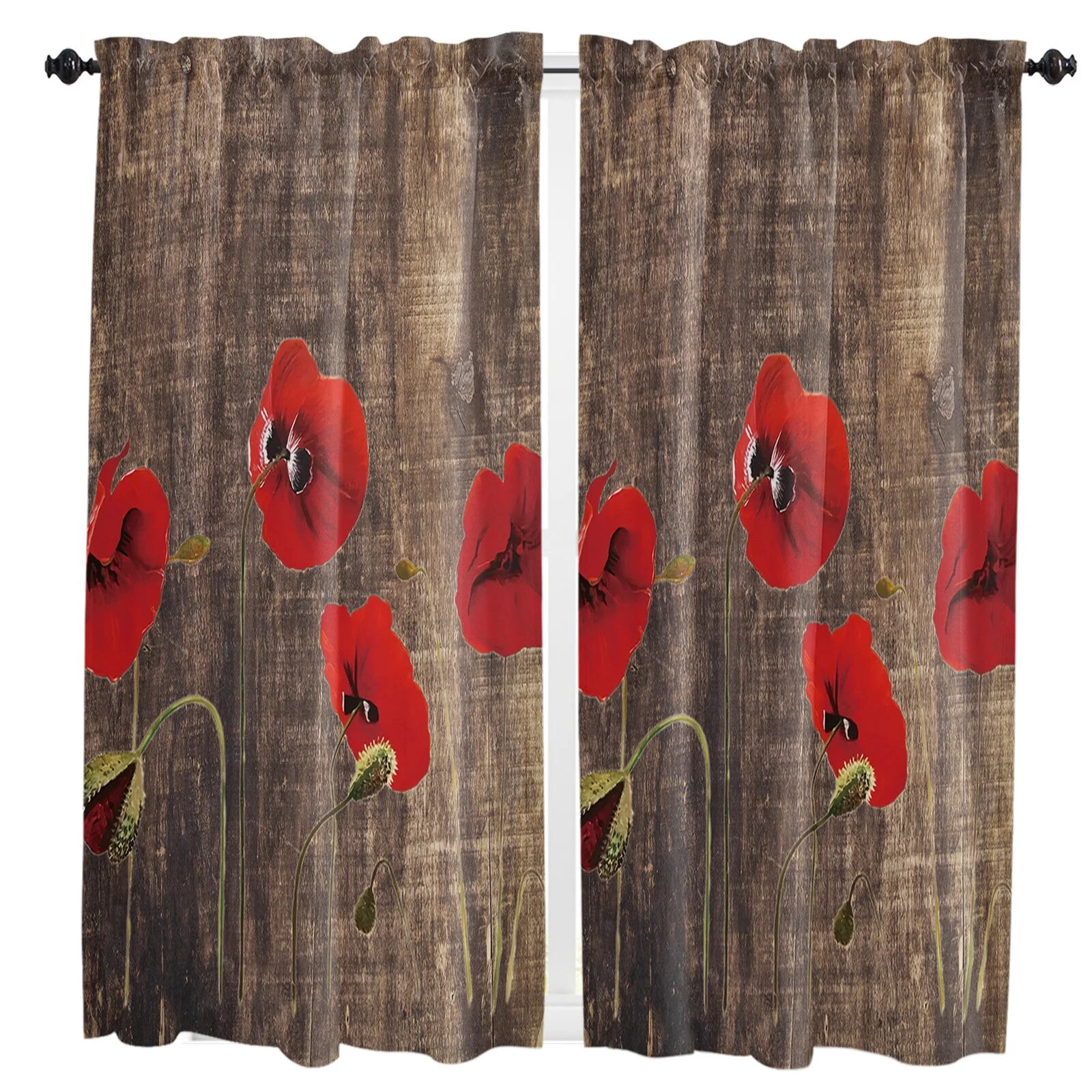 Red Flower Poppy Wooden Texture Curtain For Living Room Kids Bedroom ...
