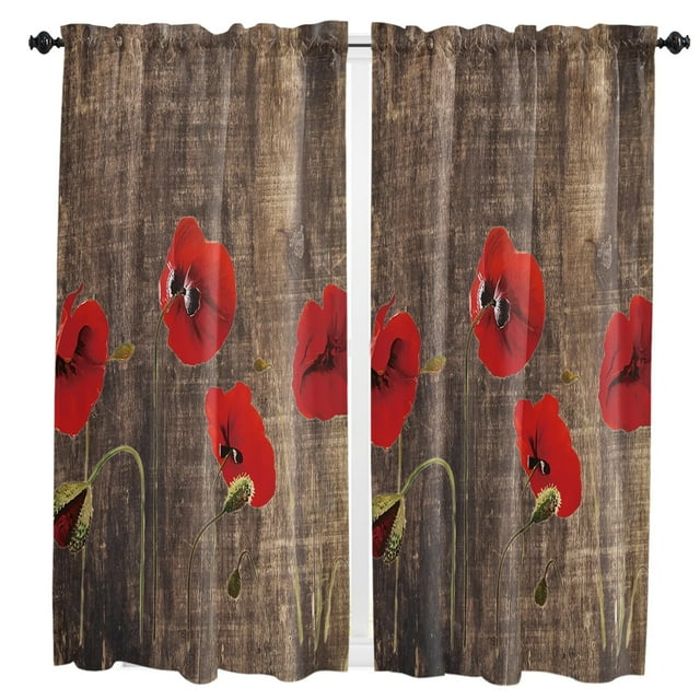 Red Flower Poppy Wooden Texture Curtain For Living Room Kids Bedroom ...