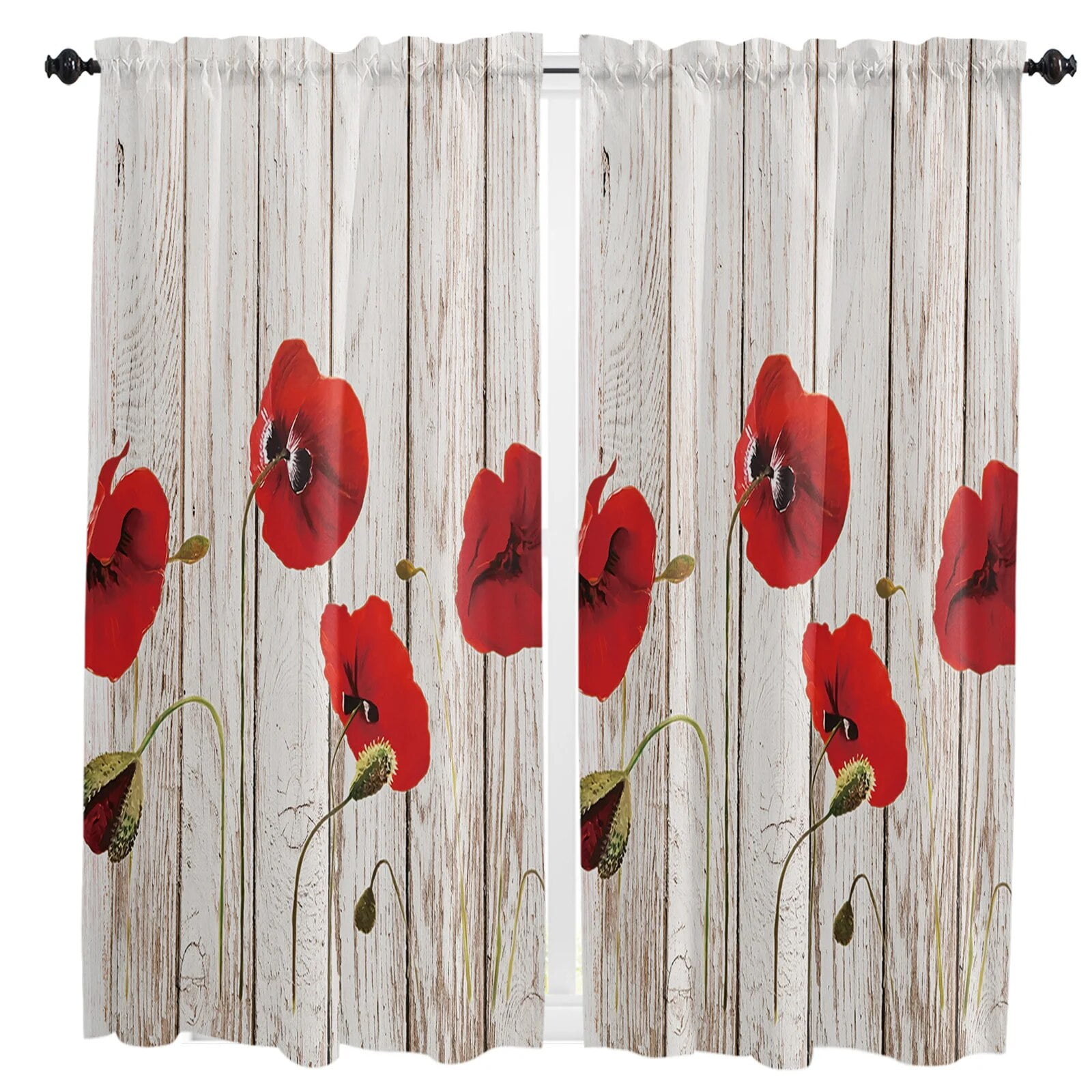 Red Flower Poppy Wooden Texture Curtain For Living Room Kids Bedroom ...