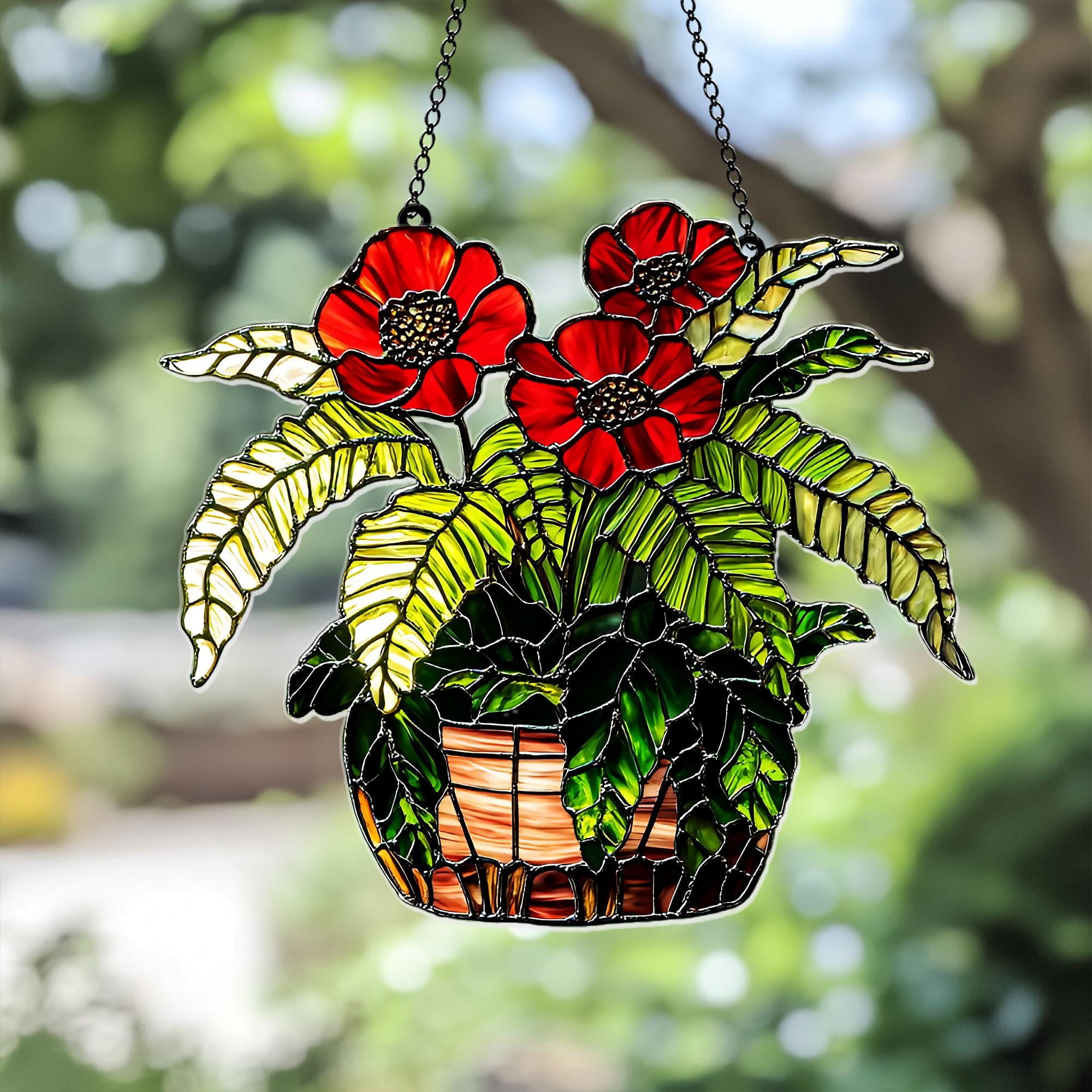 Red Flower Pot Acrylic Suncatcher fullxfull Botanical Window Decor with ...