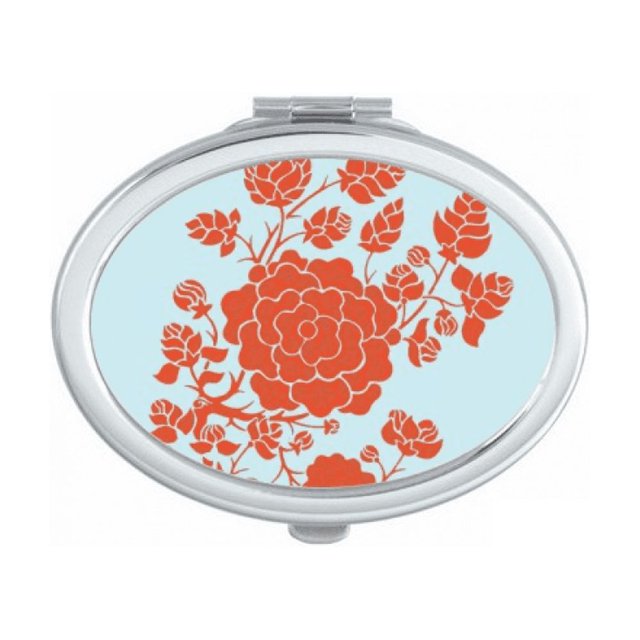 Red Flower Rose Pattern Oval Mirror Portable Fold Hand Makeup Double
