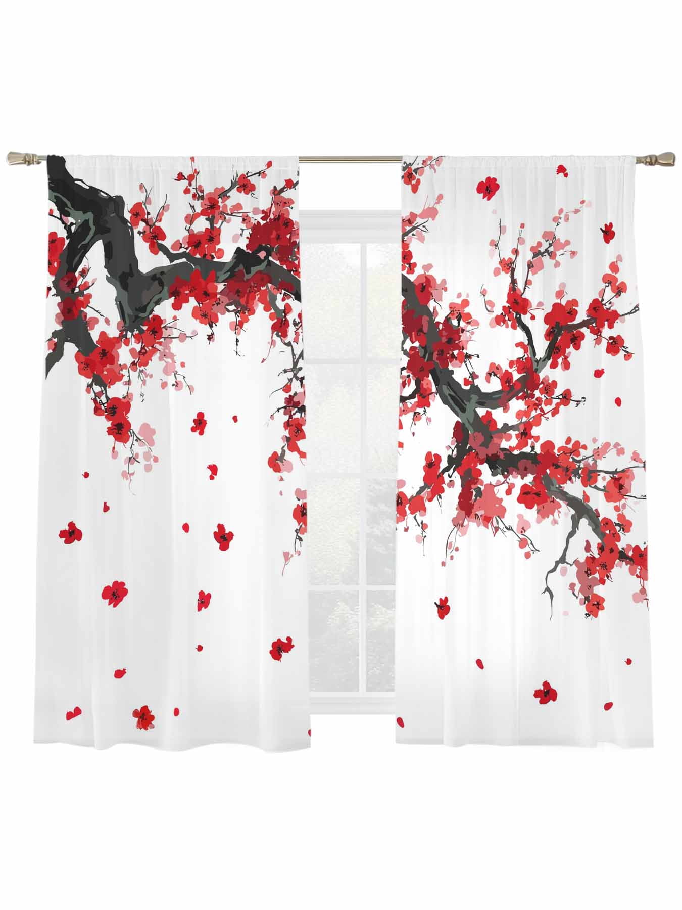 Red Flower Sheer Curtains 2 Panels Set Spring Floral Branch Water Ink ...