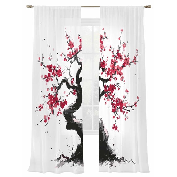 Red Flower Sheer Curtains 2 Panels Set Spring Floral Tree Water Ink ...