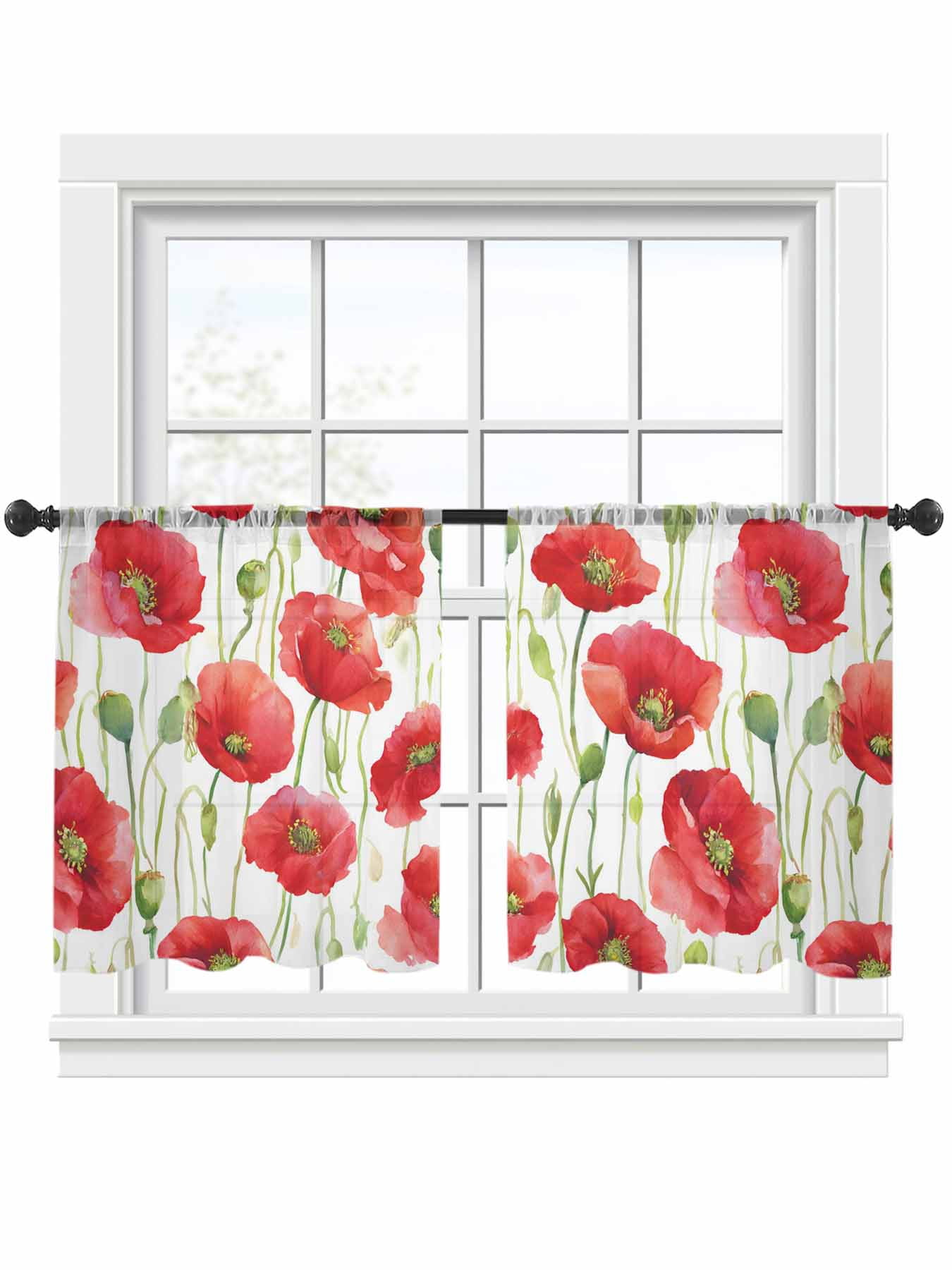 Red Flower Sheer Curtains 2 Panels Set Watercolor Flower Green Leaf ...