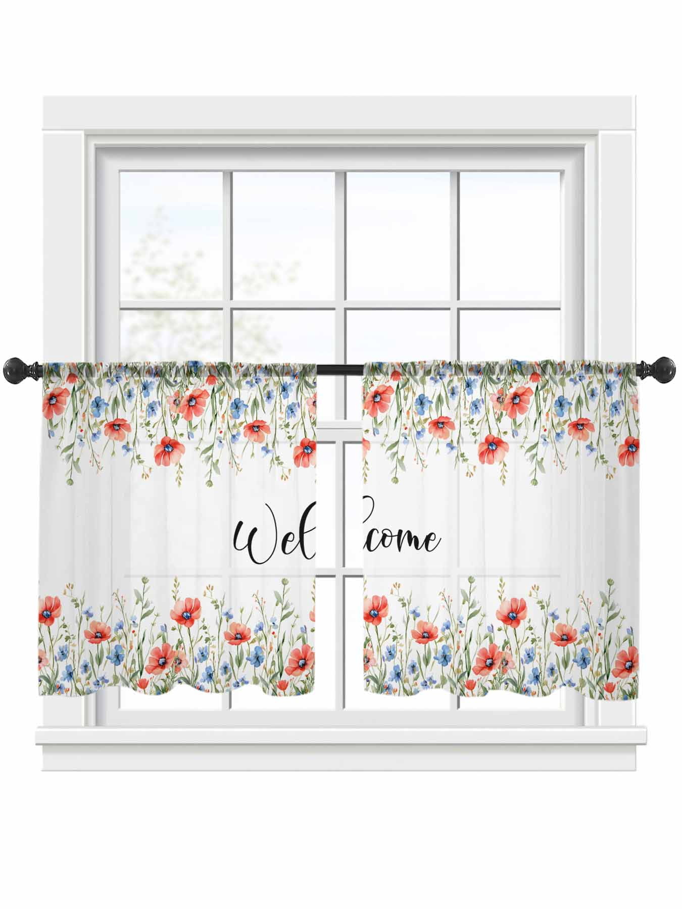 Red Flower Sheer Curtains 2 Panels Set Welcome Pastoral Blue Flowers ...
