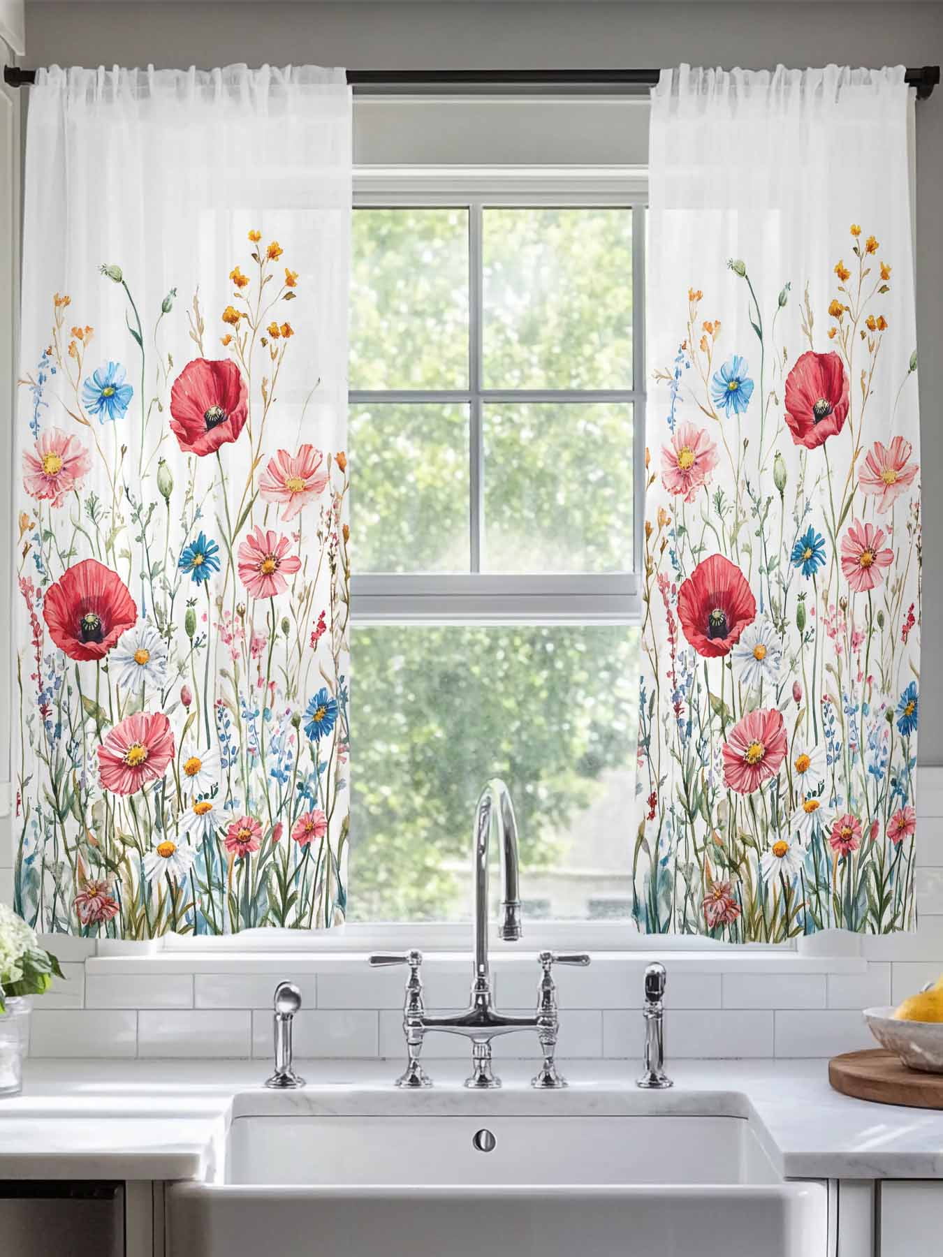 Red Flower Sheer Curtains for Living Room Bedroom Blue Pink Wildflower ...