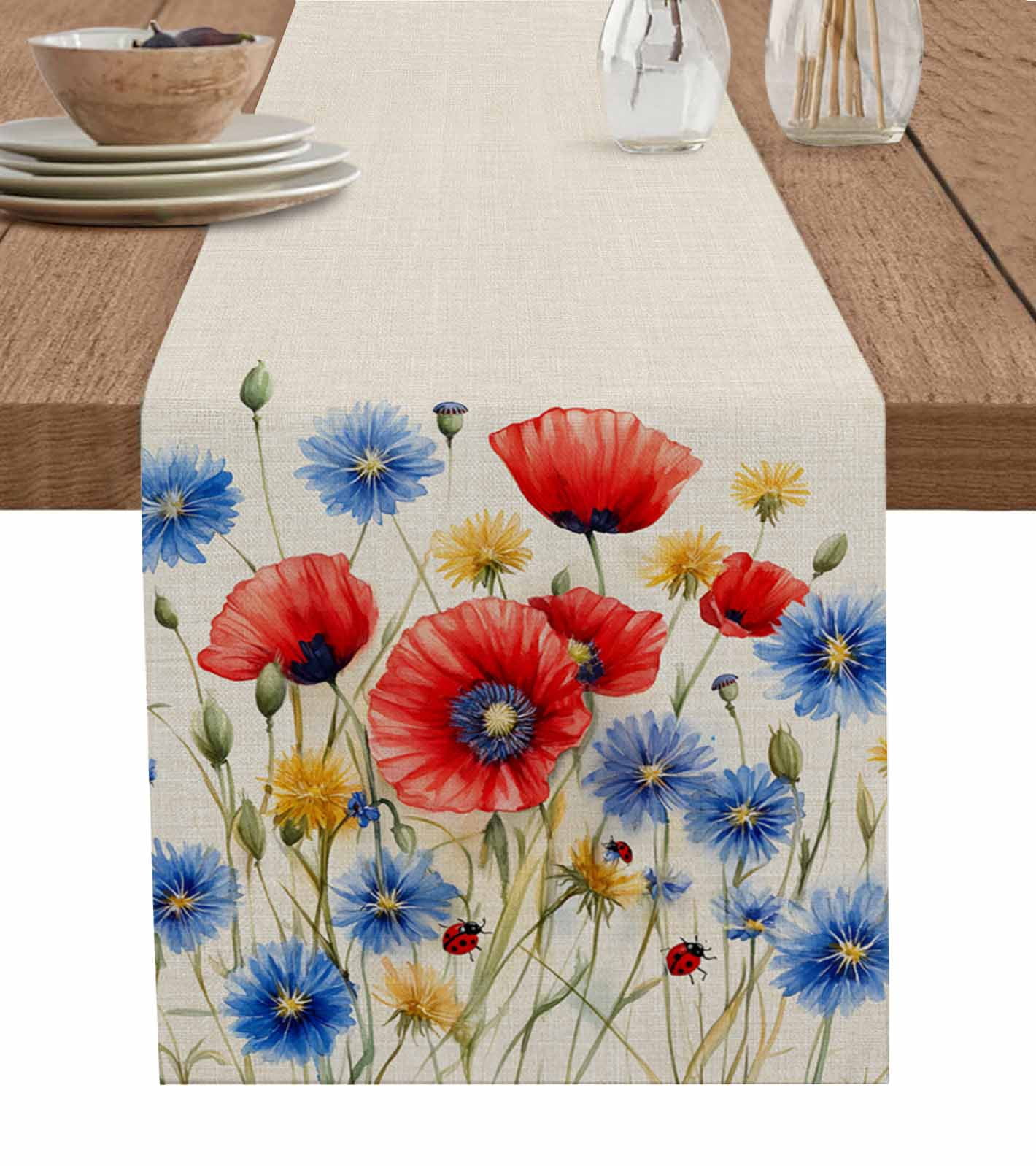 Red Flower Table Runner 70 Inches, Blue Garden Blossom Floral ...
