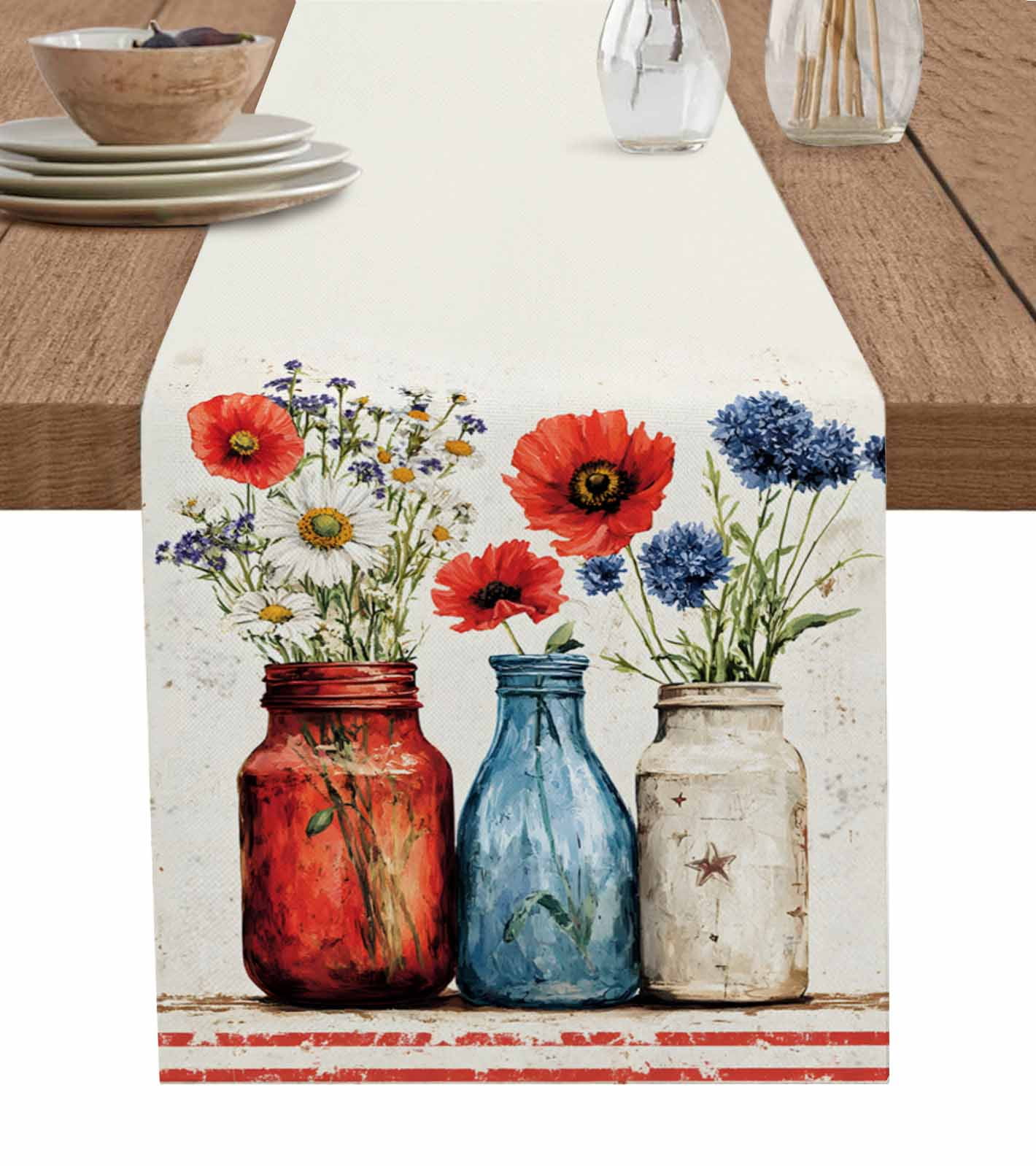 Red Flower Table Runner 72 Inches, Vintage Blue Poppy Floral Daisy ...
