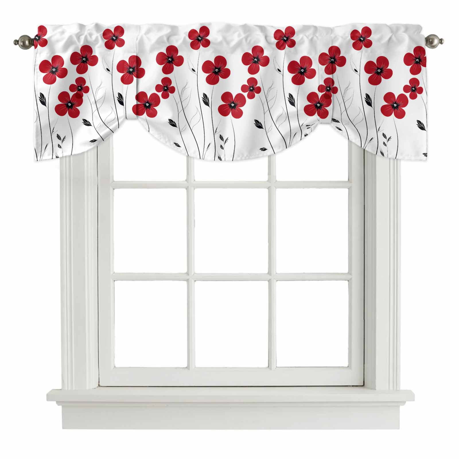 Red Flower Tie Up Valance for Windows, Floral Adjustable Rod Pocket Tie ...