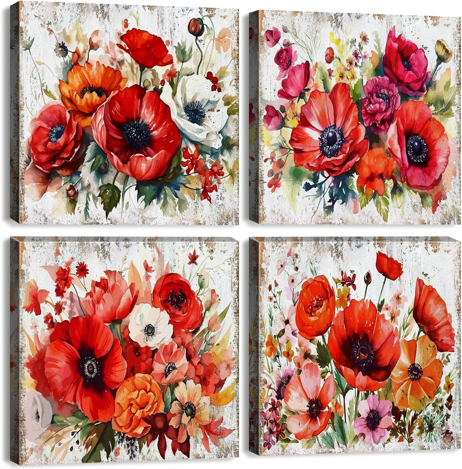 Red Flower Wall Art Rustic Poppy Floral Paintings for Girls Bedroom ...