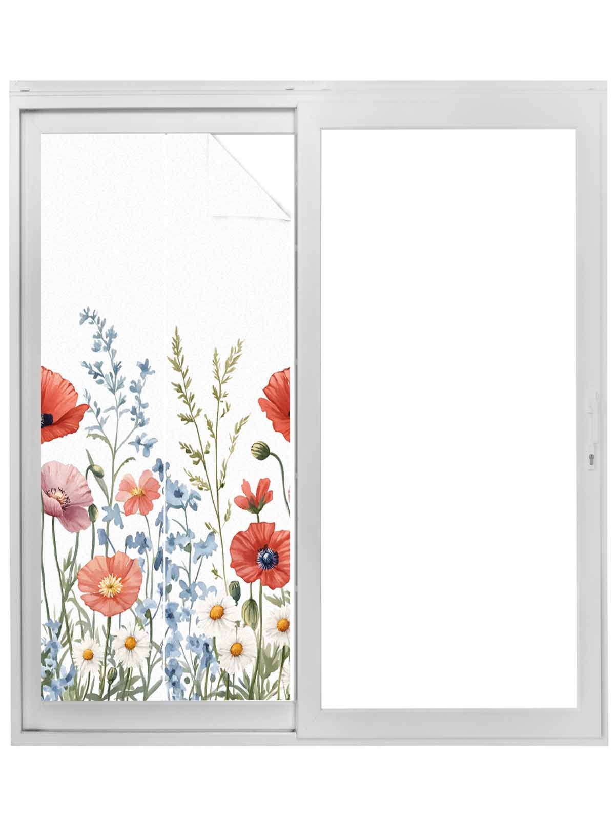 Red Flower Window Privacy Film, Botanical Blue Plant Pink Garden Poppy ...