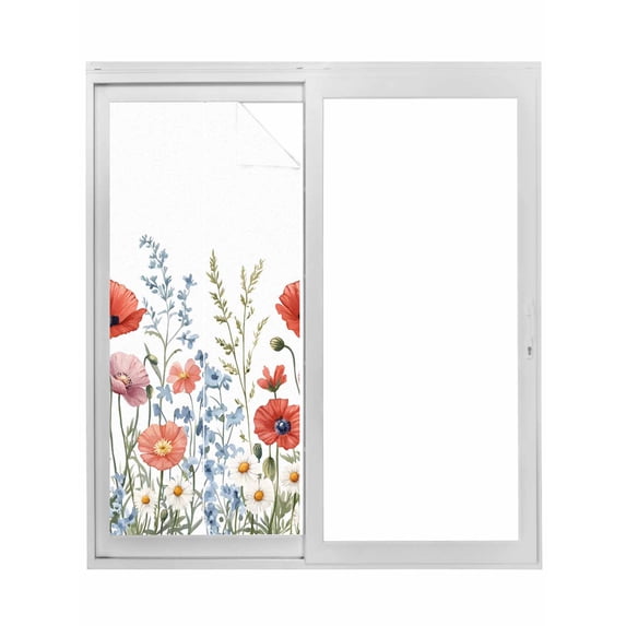 Red Flower Window Privacy Film, Botanical Blue Plant Pink Garden Poppy ...