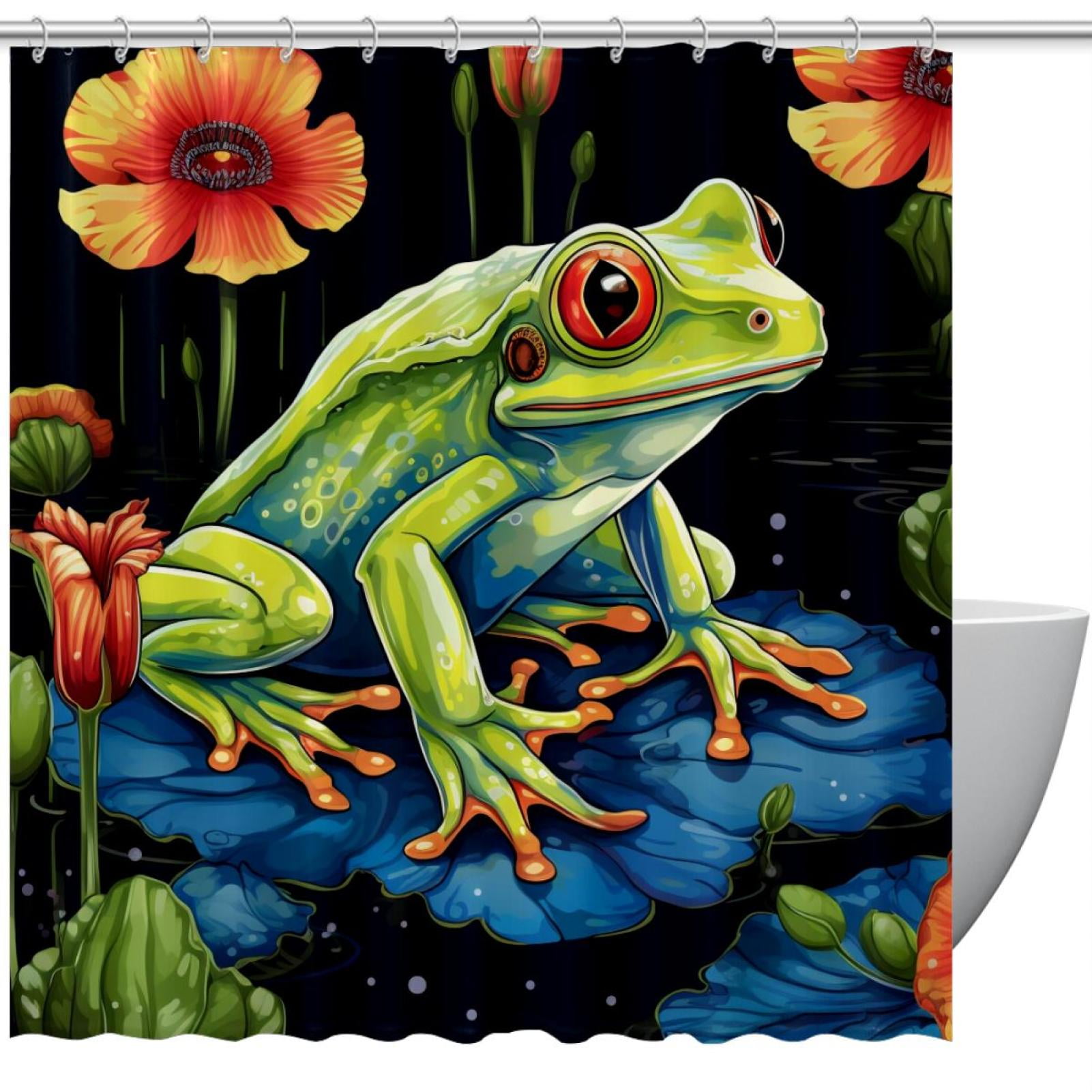 Red Flower and Frog Shower Curtain Set with Hooks,Home Bathroom ...