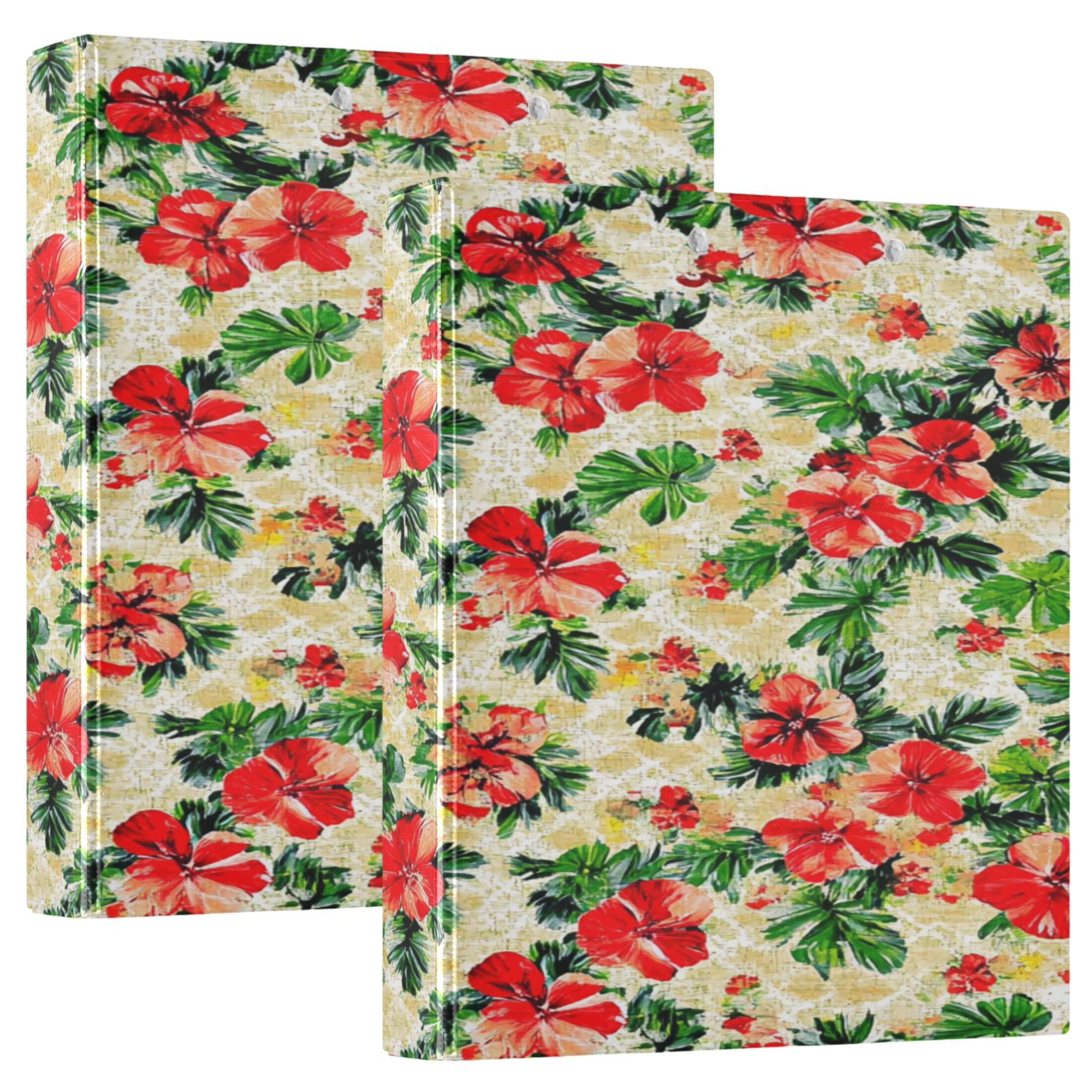Red Flower and Leaf Print 12.4x10.6in PVC Round Ring Binders, 2-Pack, D ...