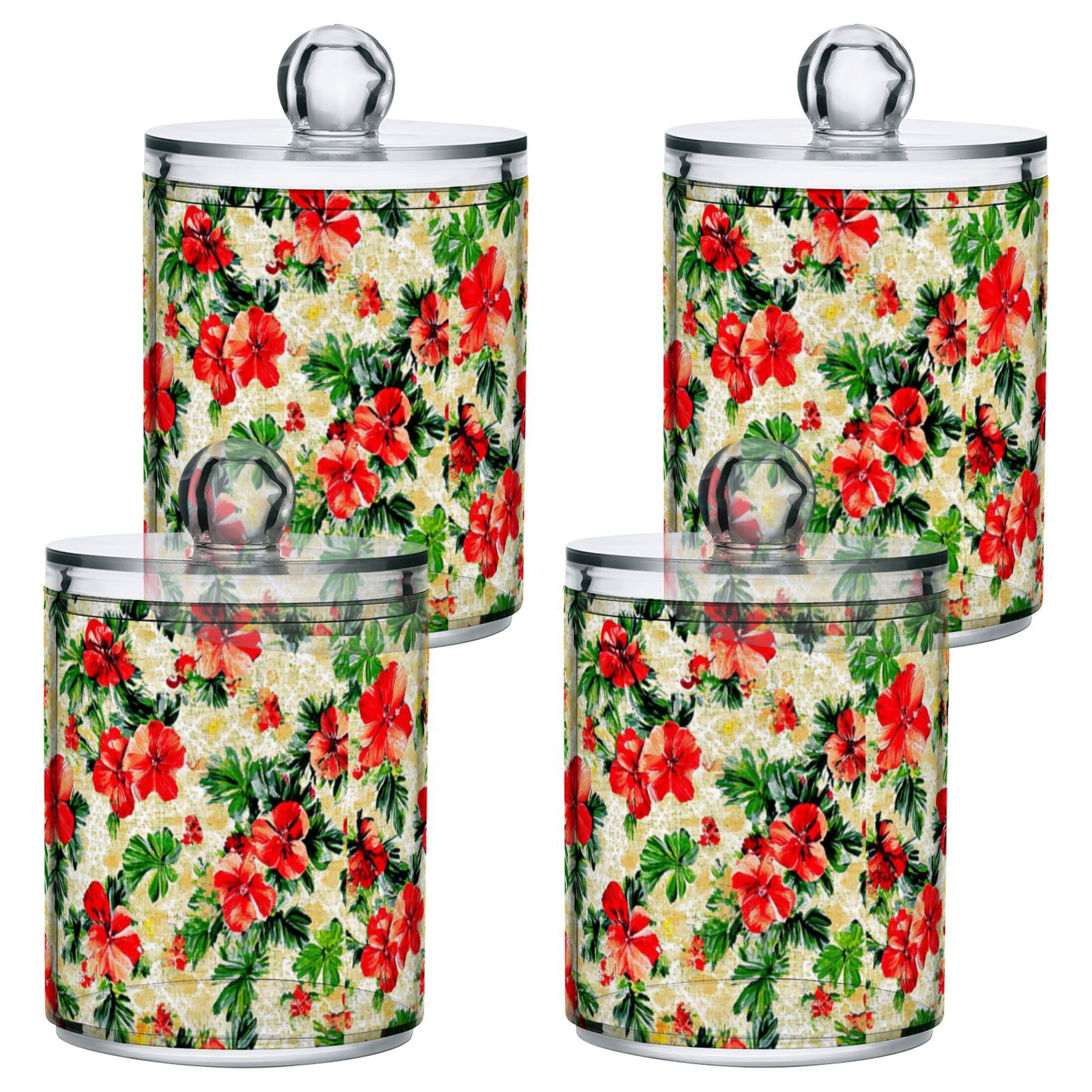 Red Flower and Leaf Print Bathroom Canisters Set of 4 Translucent ...